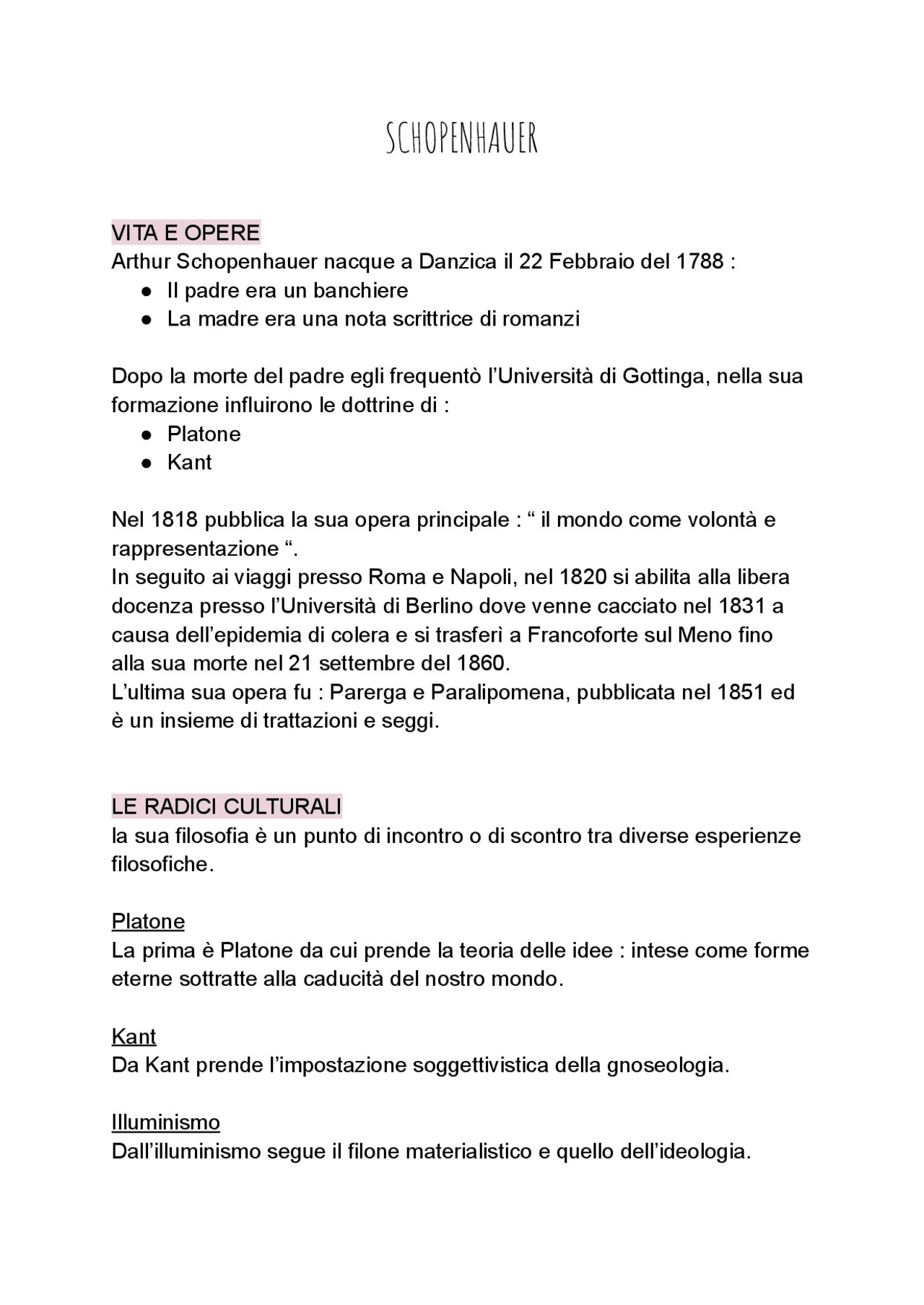 Schopenhauer Arthur. | Appunti di Filosofia | Docsity