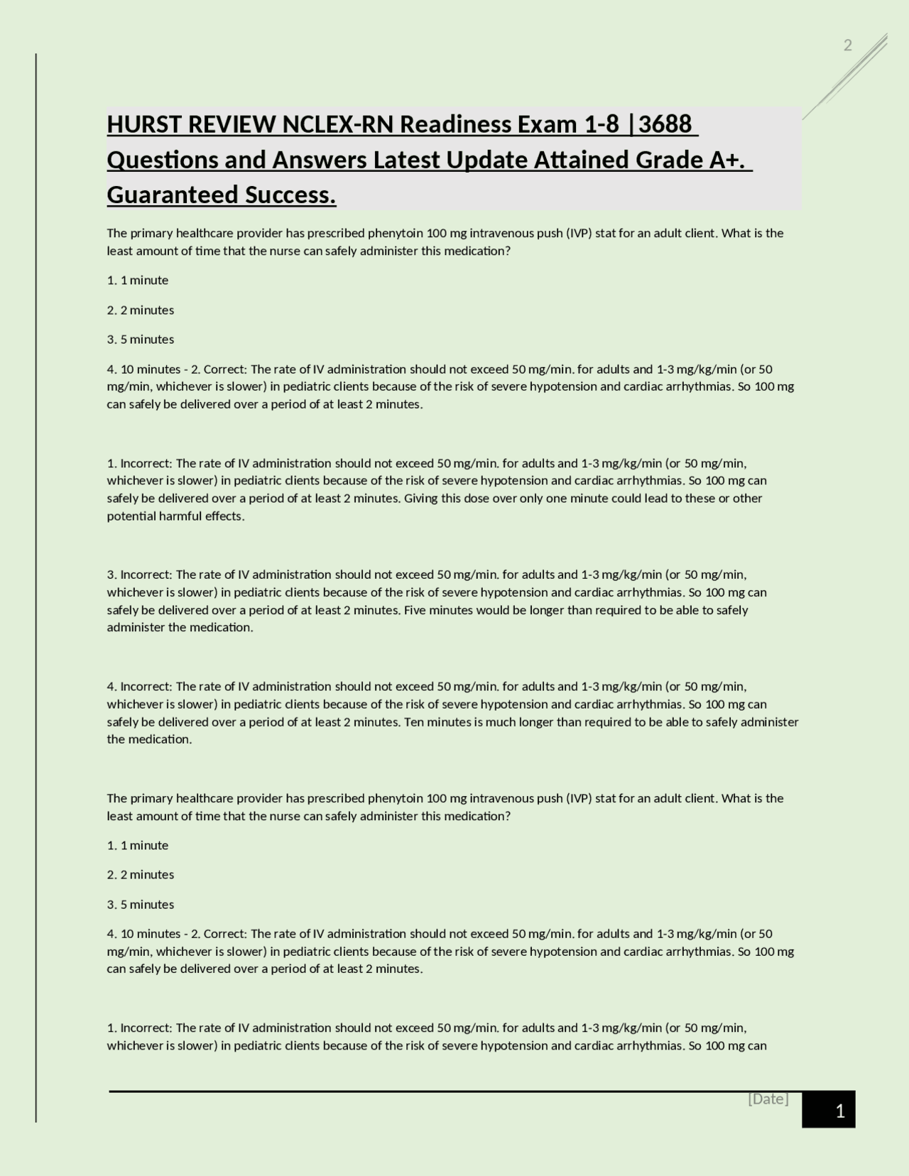 HURST REVIEW NCLEX-RN Readiness Exam 1-8 |3688 Questions and Answers ...