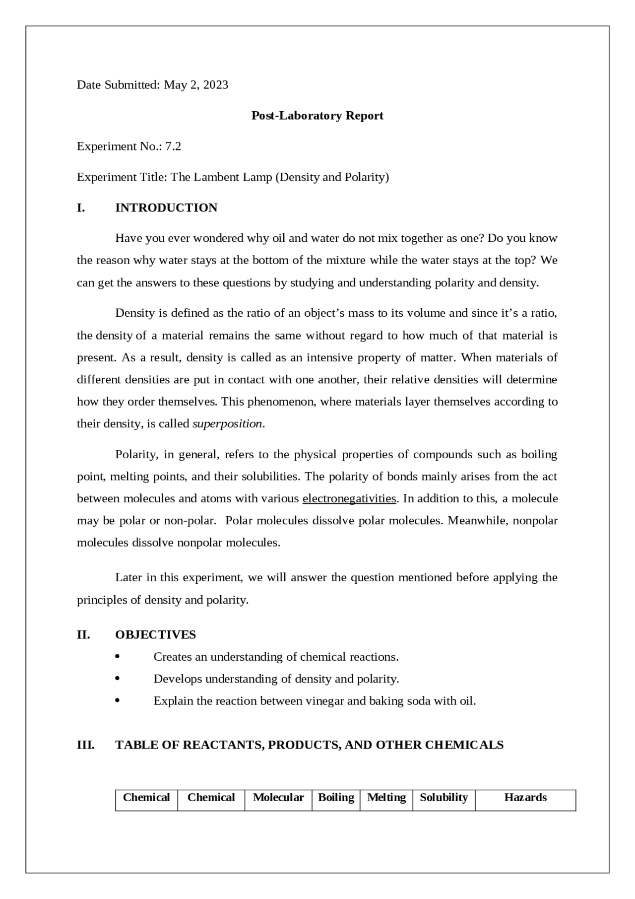 Post-Laboratory Report Experiment No.: 7.2 - The Lambent Lamp (Density and Polarity) | Study ...