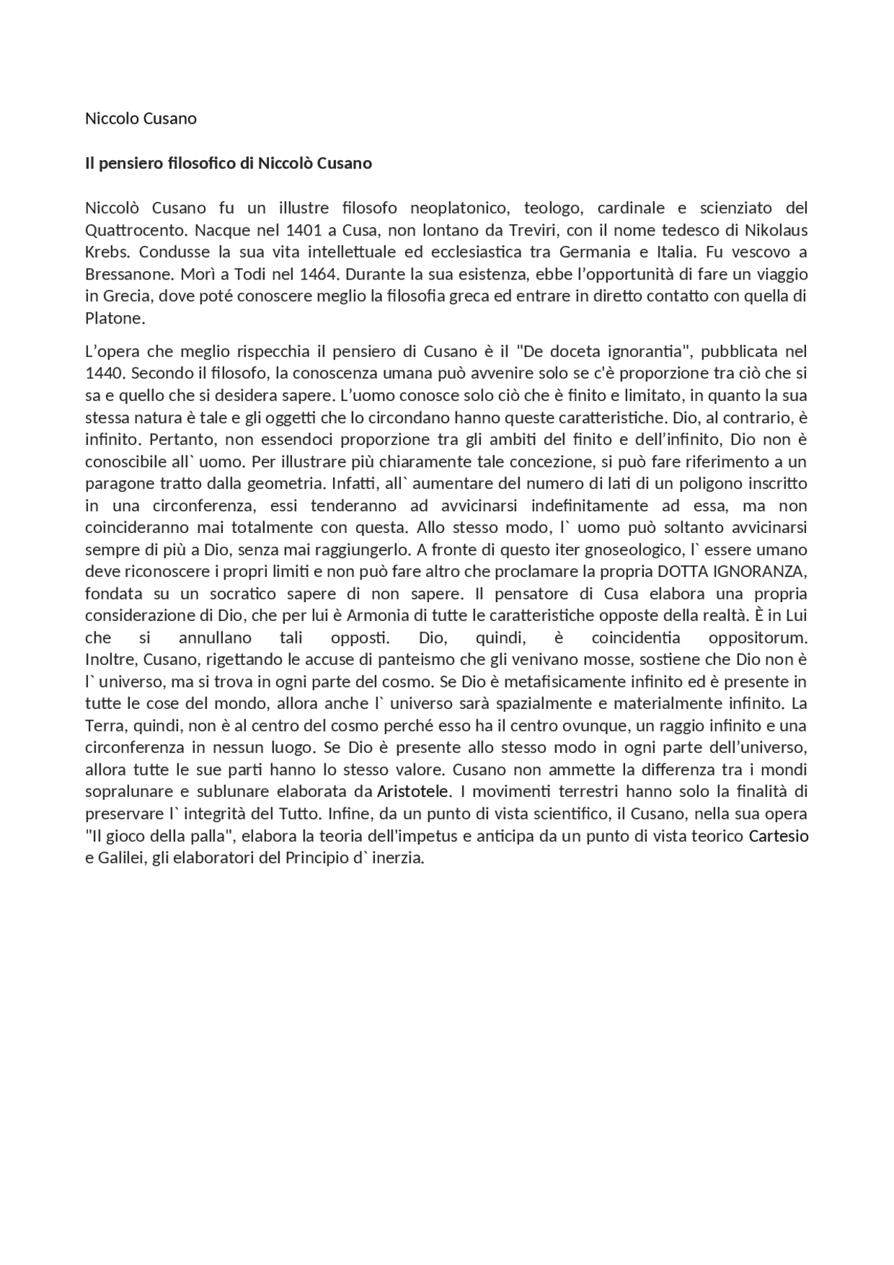 Filosofia Niccolo Cusano Appunti Di Filosofia Docsity