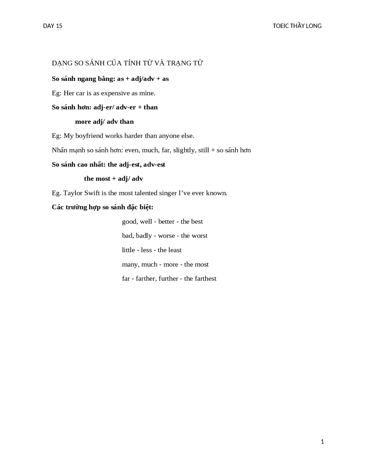 Dạng so sánh của ADJ và ADV | Exercises American Language | Docsity