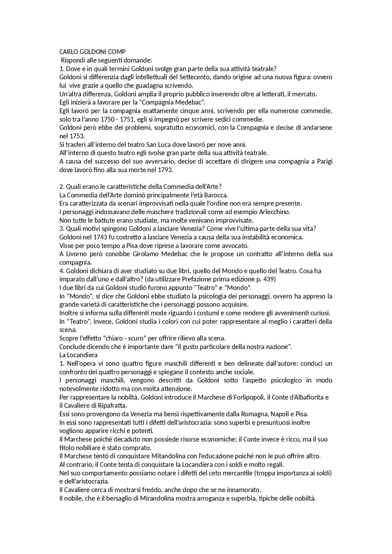 Domande E Risposte Carlo Goldoni Appunti Di Italiano Docsity