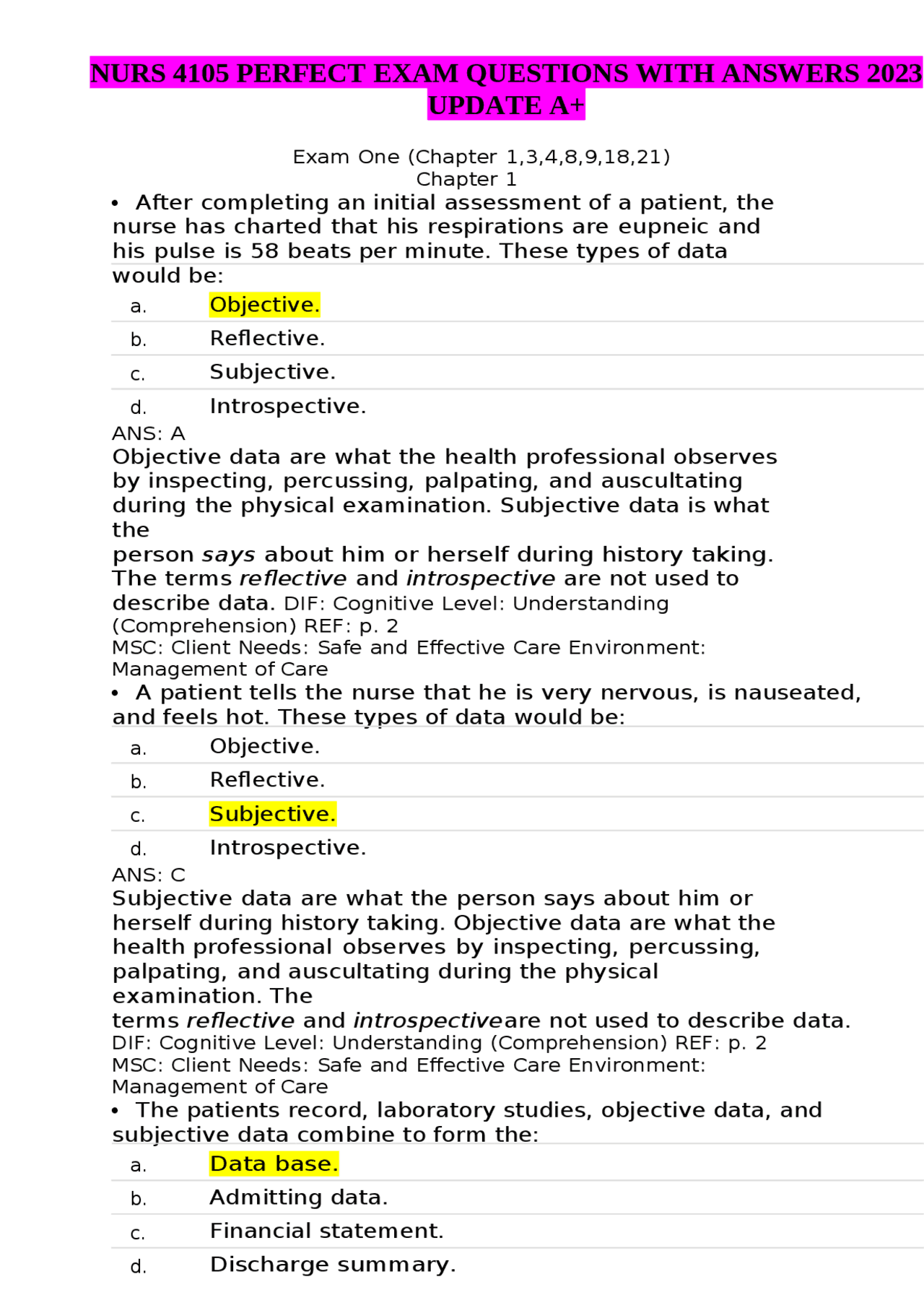 Nurs 4105 Perfect Exam Questions With Answers 2023 Update A Exams