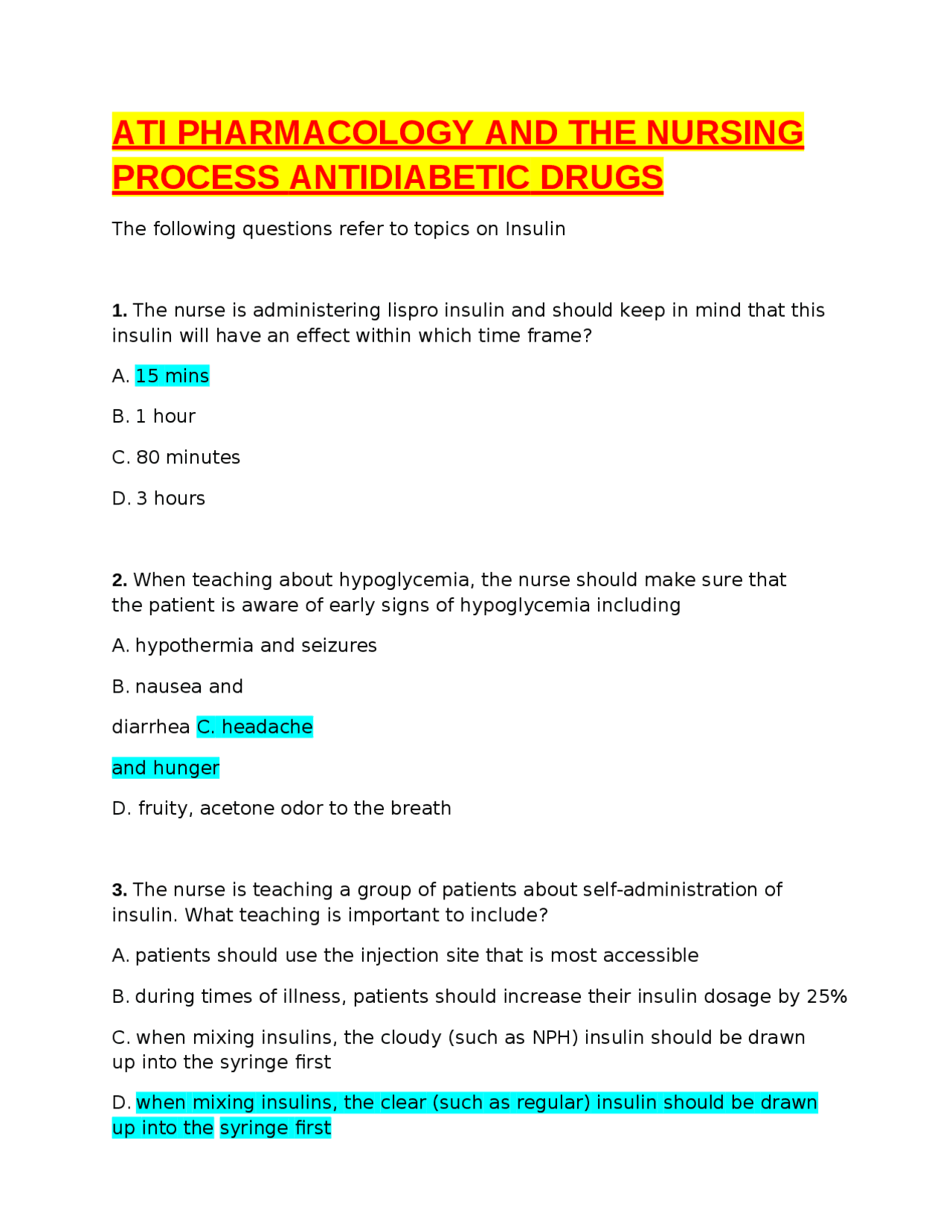 ATI PHARMACOLOGY AND THE NURSINGPROCESS ANTIDIABETIC DRUGS | Exams ...