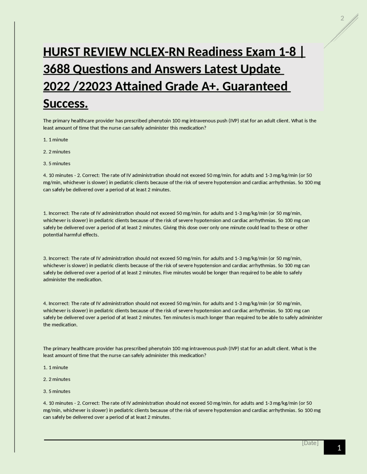 Hurst Review Nclex Rn Readiness Exam 1 8 3688 Questions And Answers