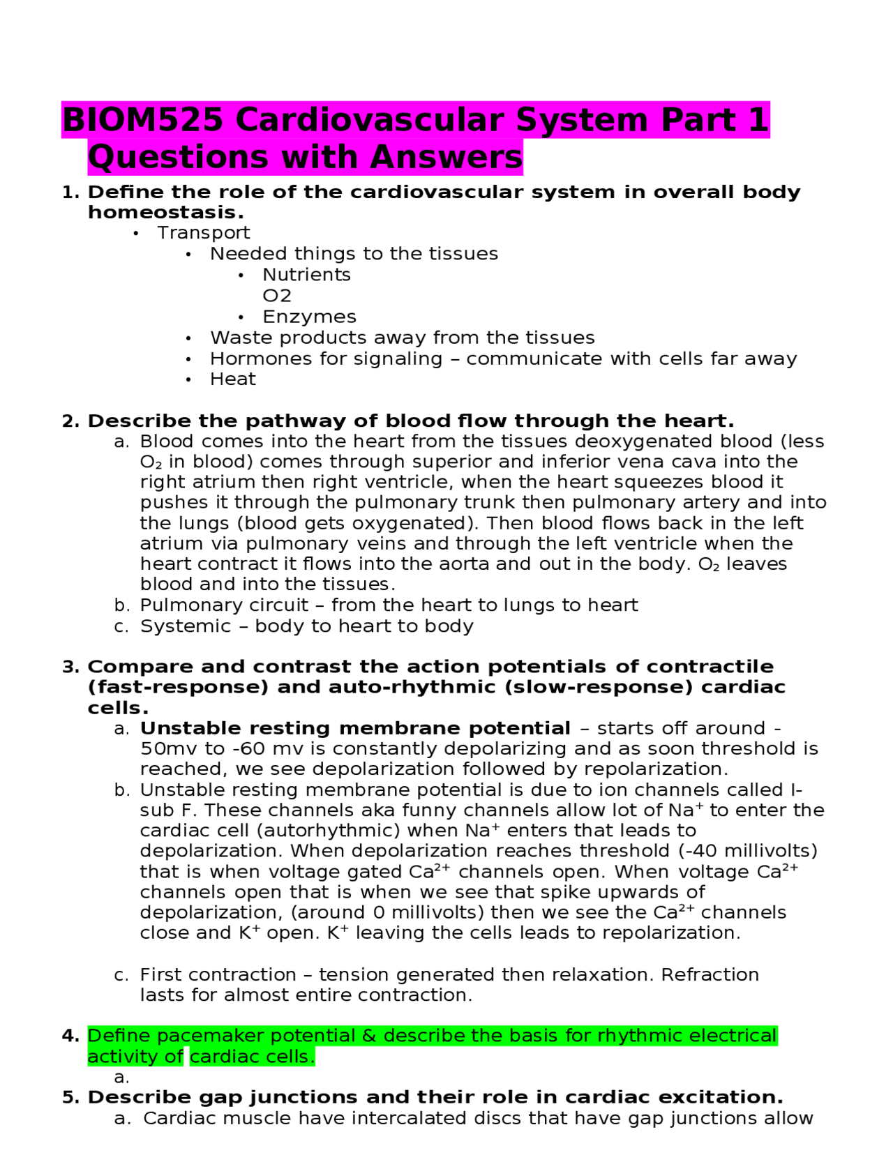 BIOM525 Cardiovascular System Part 1 Questions with Answers | Exams ...