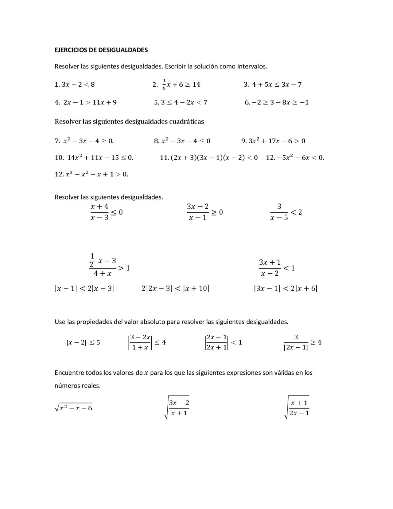 Ejercicios de desigualdades | Ejercicios de Cálculo | Docsity