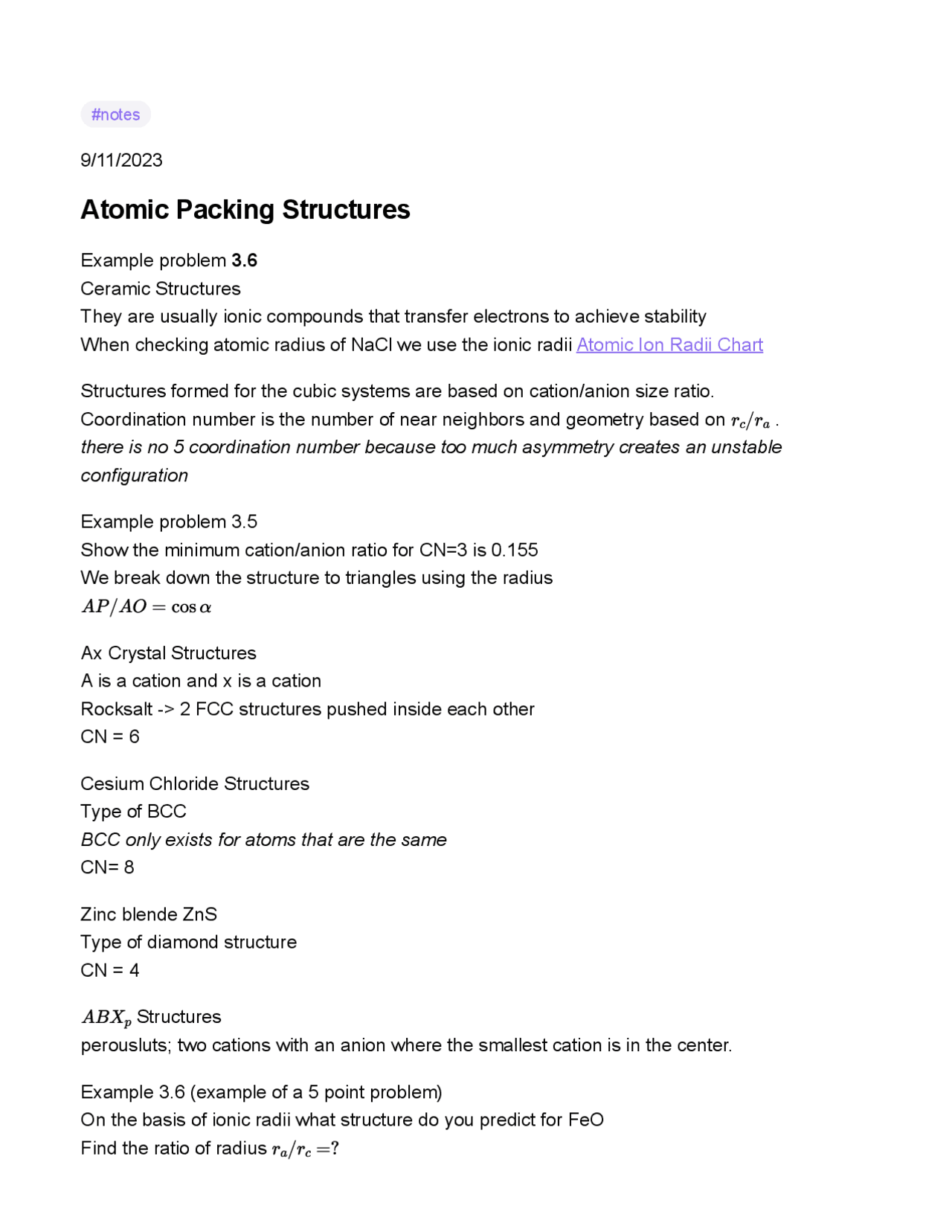 Chapter 3 Lecture Notes Atomic Packing Factor Lecture Notes