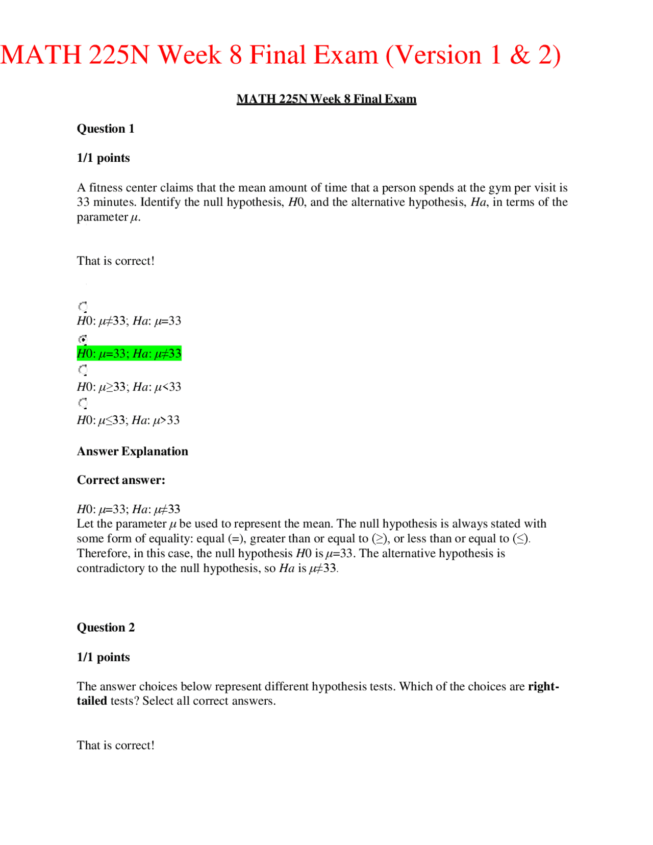 MATH 225N Week 8 Final Exam (Version 1 & 2) latest 2023/2024 | Exams ...