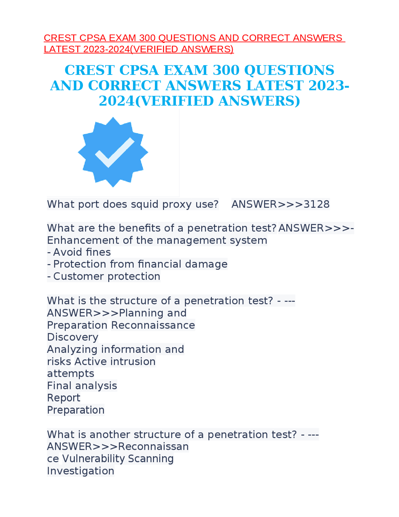 CREST CPSA EXAM 300 QUESTIONS AND CORRECT ANSWERS LATEST 2023-2024 ...