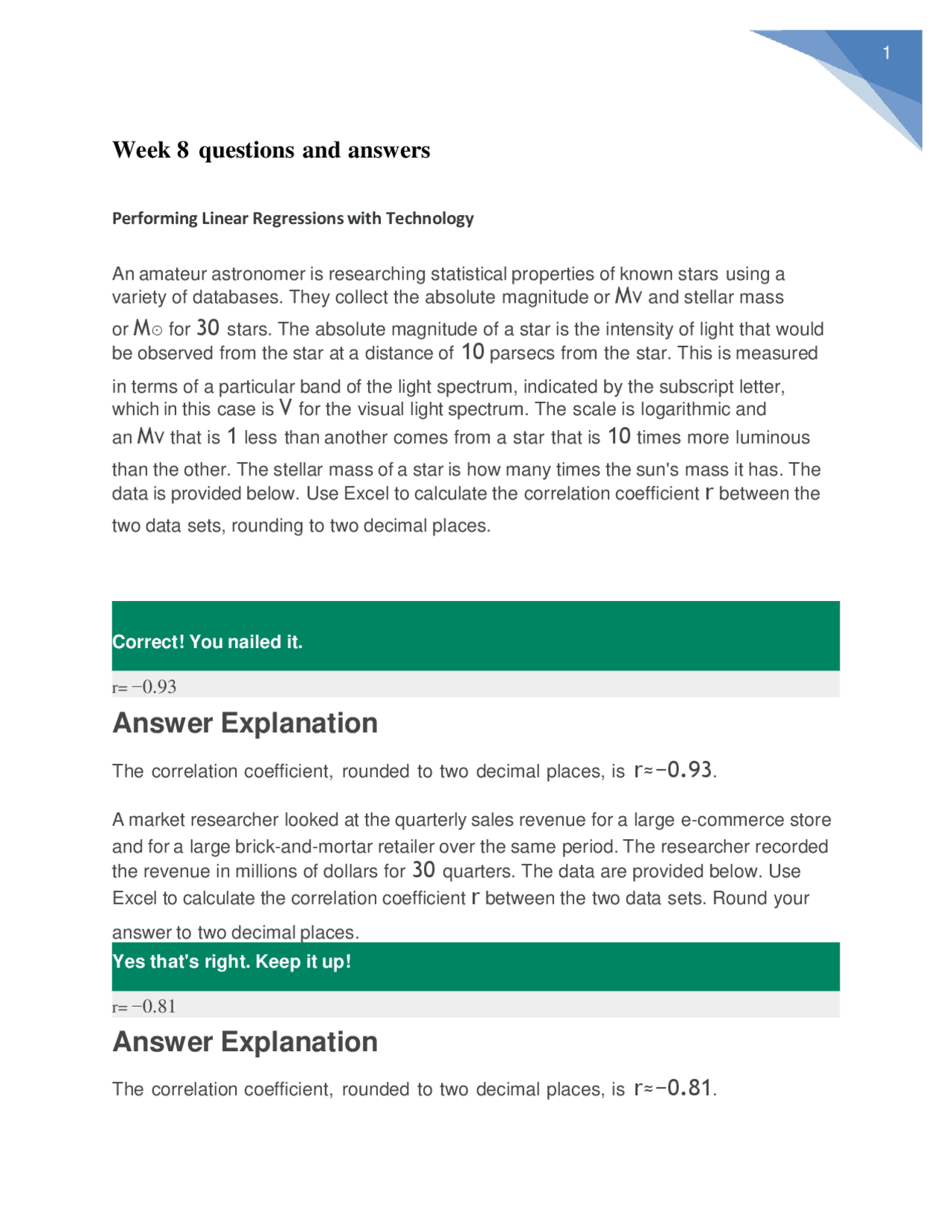 Linear Regression with Excel | Exams Mathematics | Docsity