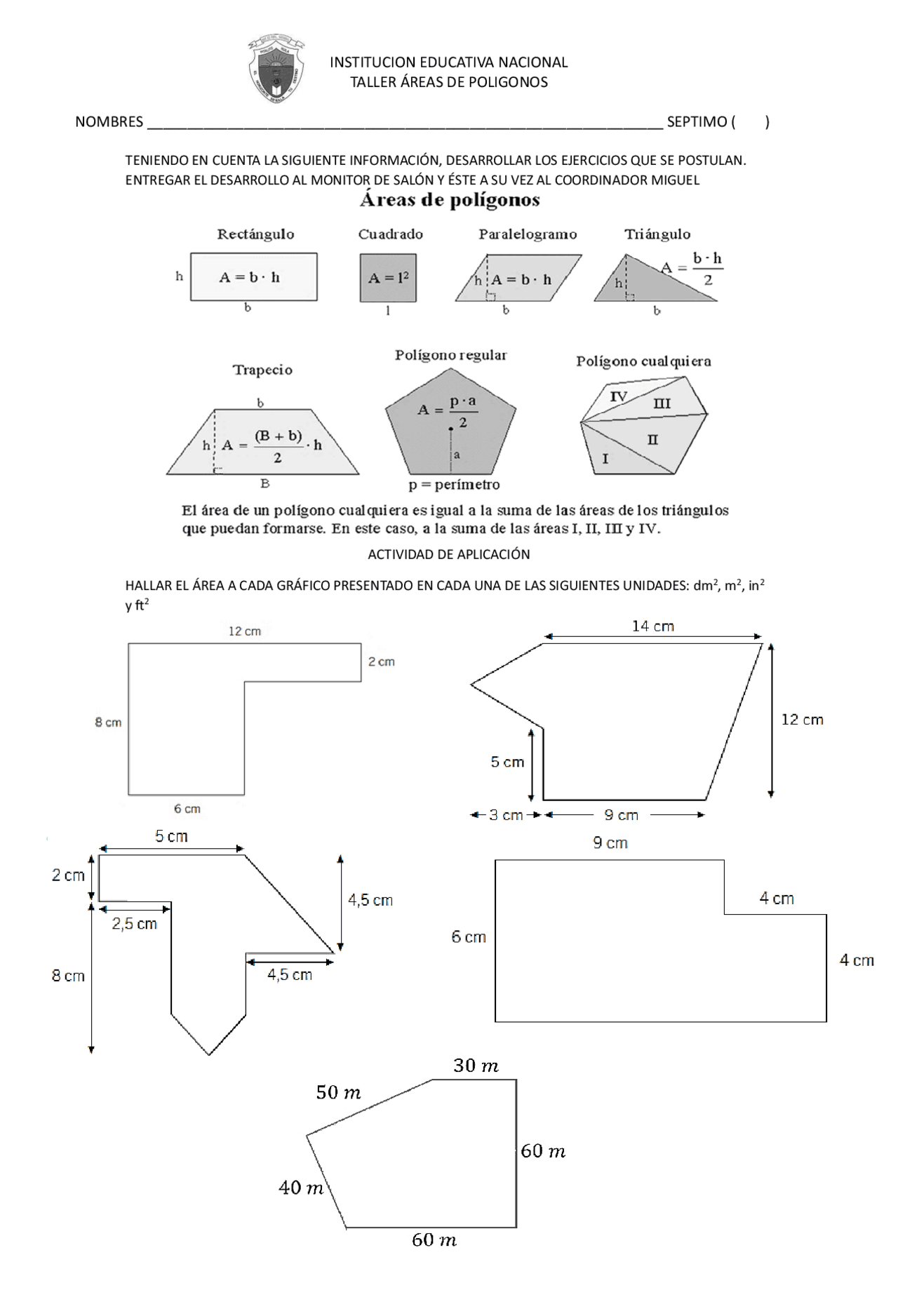 Taller areas polígonos | Ejercicios de Matemáticas | Docsity