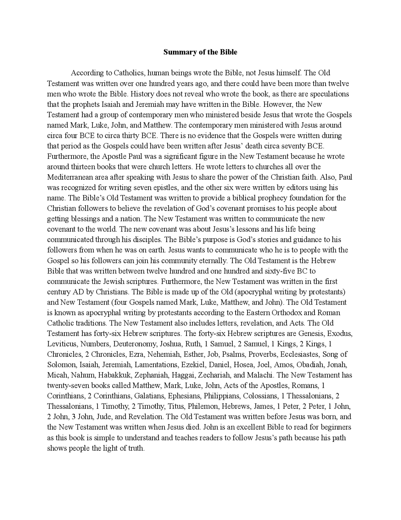 Summary of the Bible | Essays (high school) English | Docsity