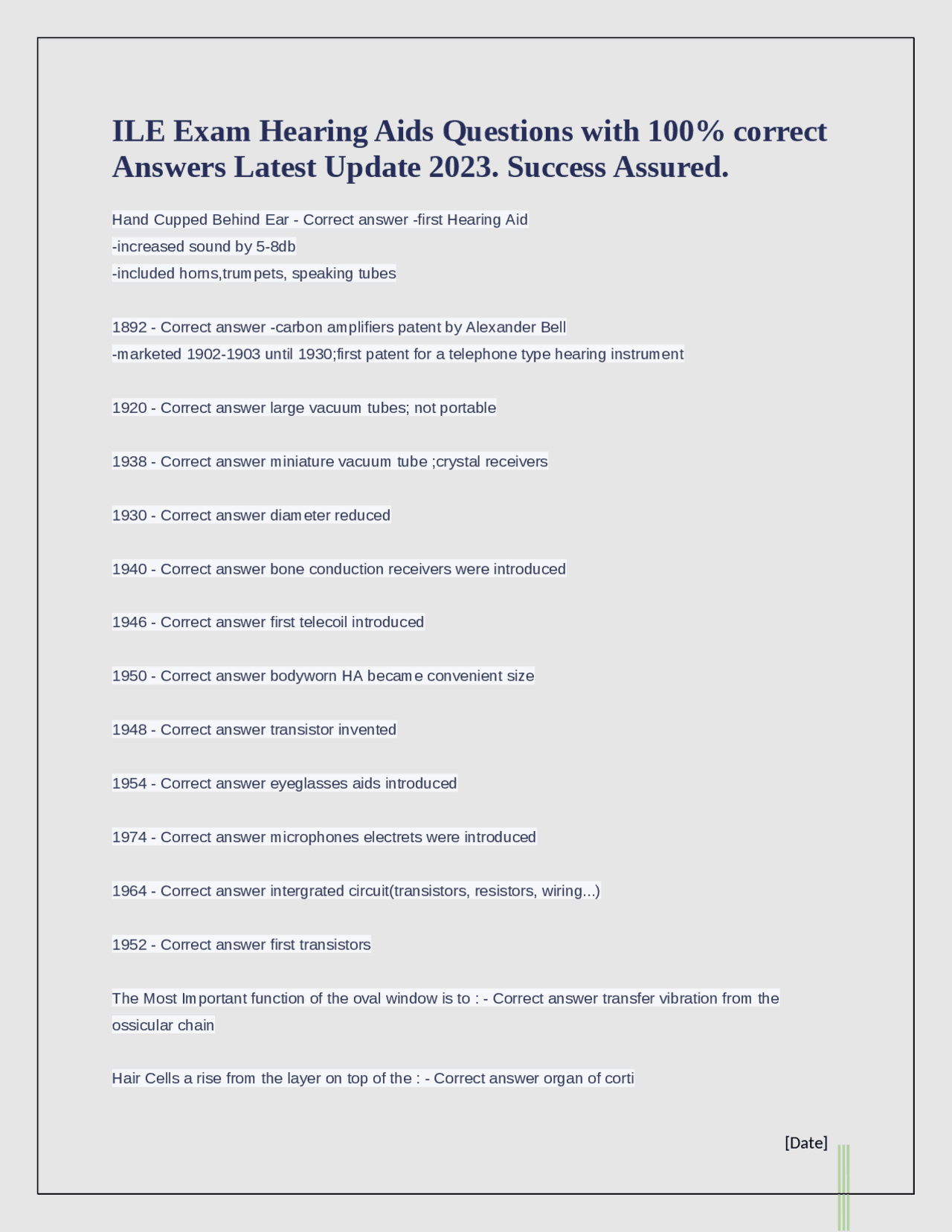 ILE Exam Hearing Aids Questions with 100% correct Answers Latest Update ...