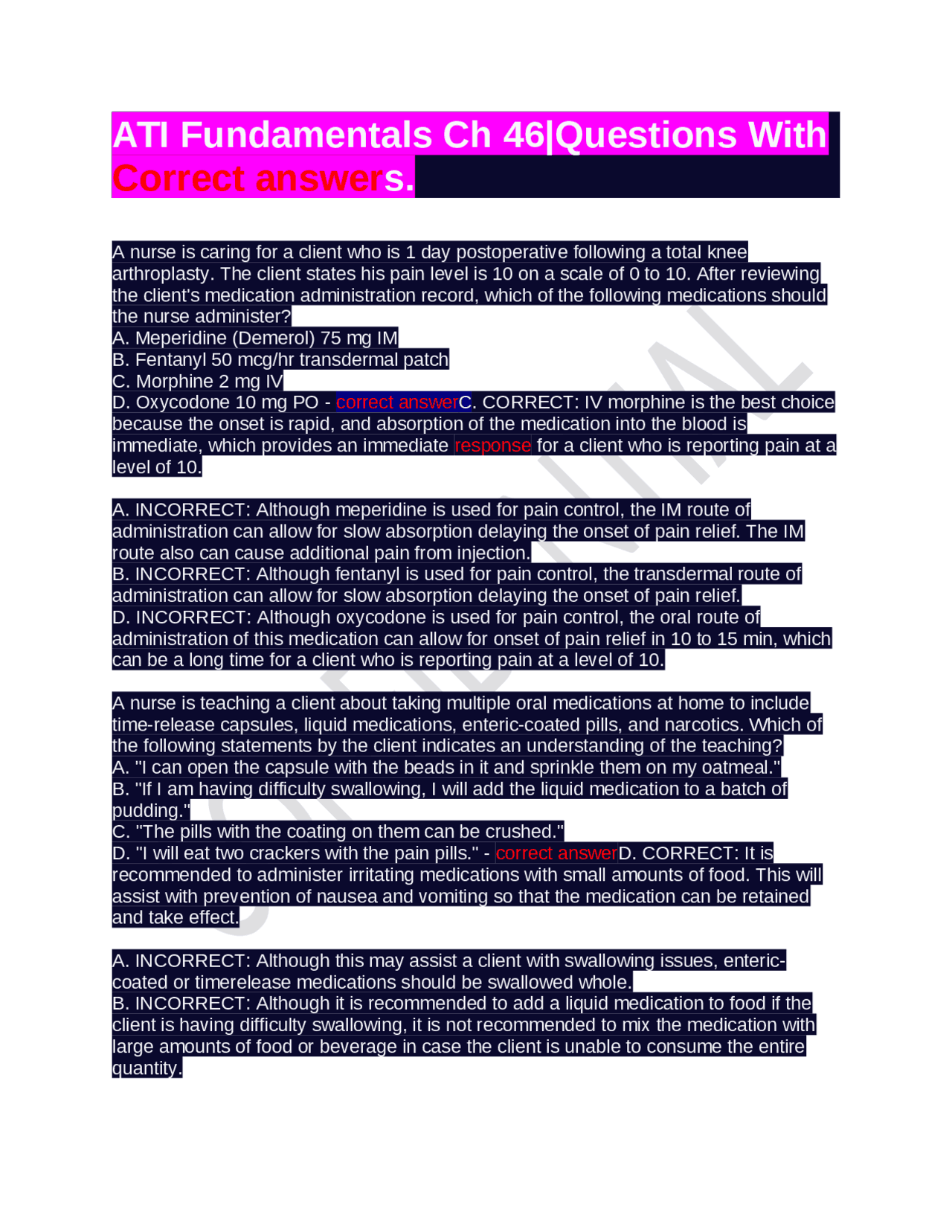 ATI Fundamentals Ch 46|Questions With Correct answers. | Exams Nursing ...