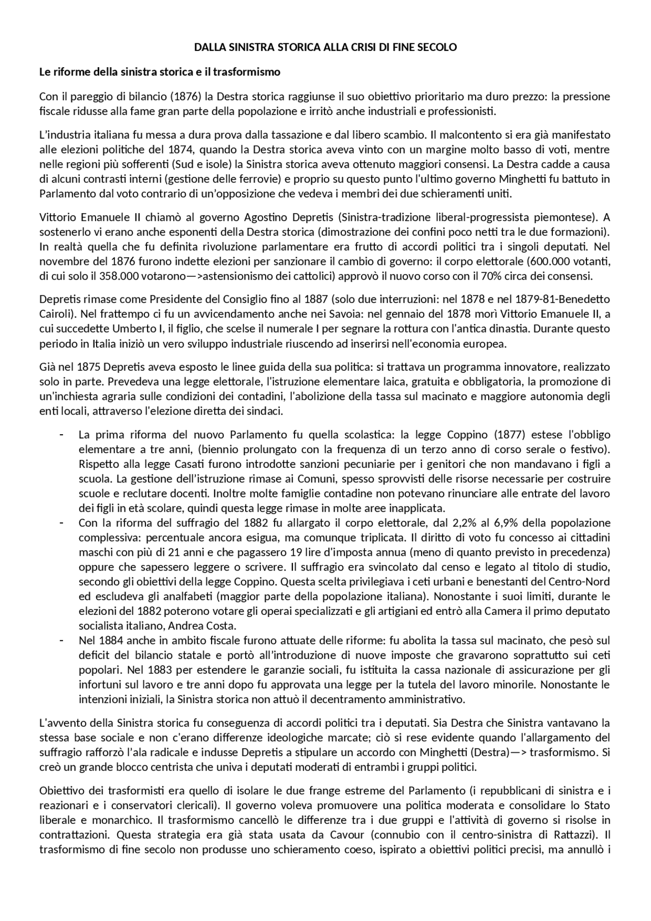 Riassunto Sinistra Storica Schemi E Mappe Concettuali Di Storia Docsity