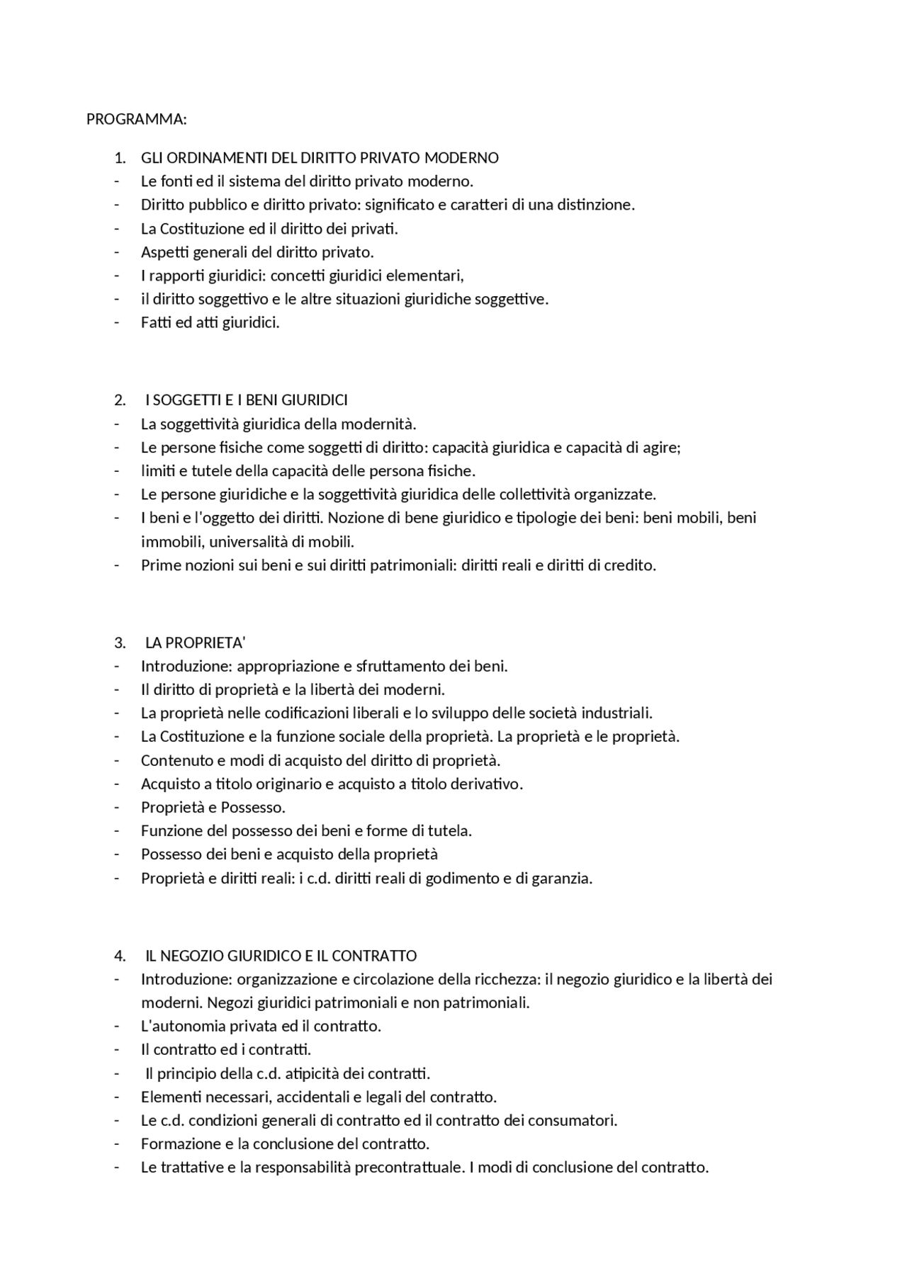 PROGRAMMA DIRITTO PRIVATO | Prove d'esame di Diritto Privato | Docsity
