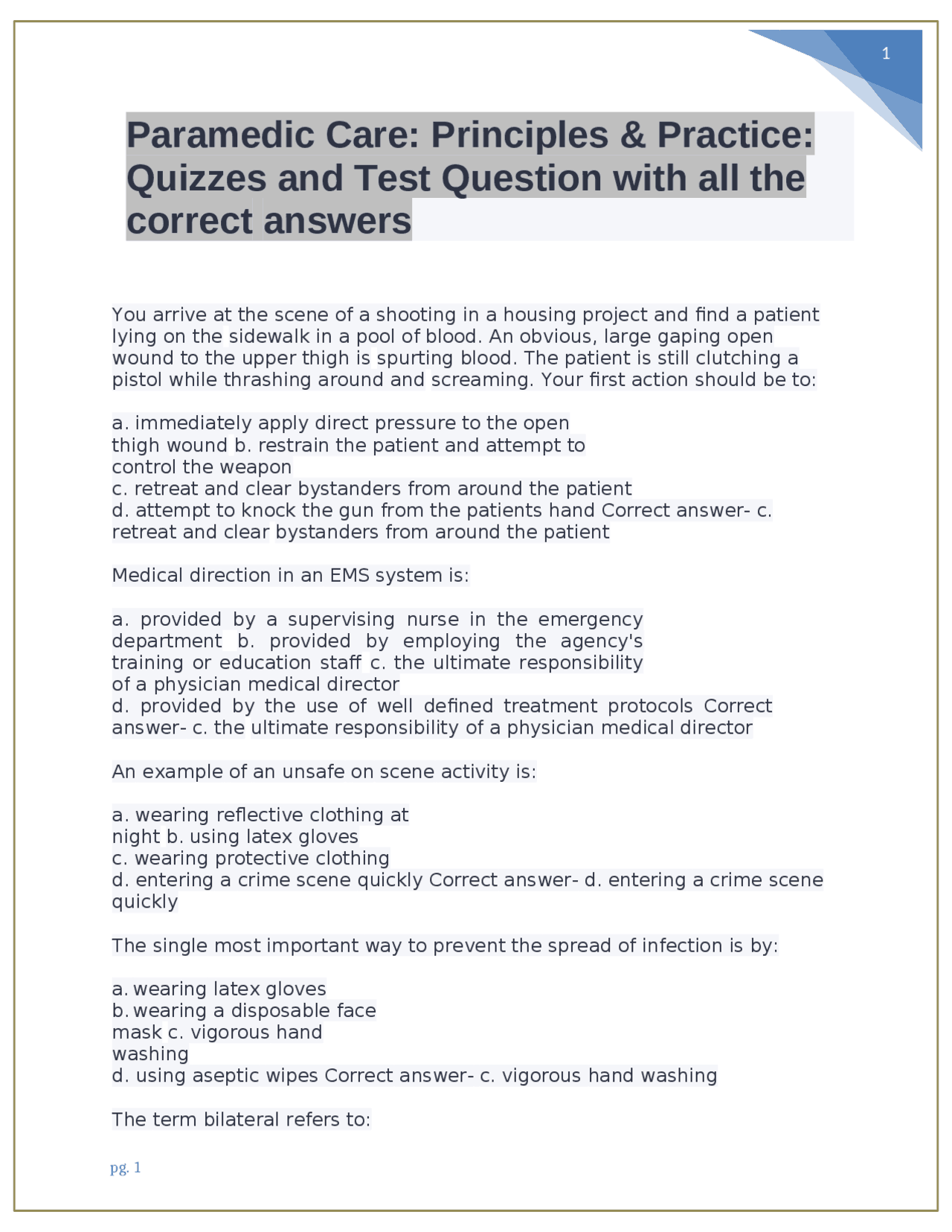 Paramedic Care: Principles & Practice: Quizzes and Test Question with ...