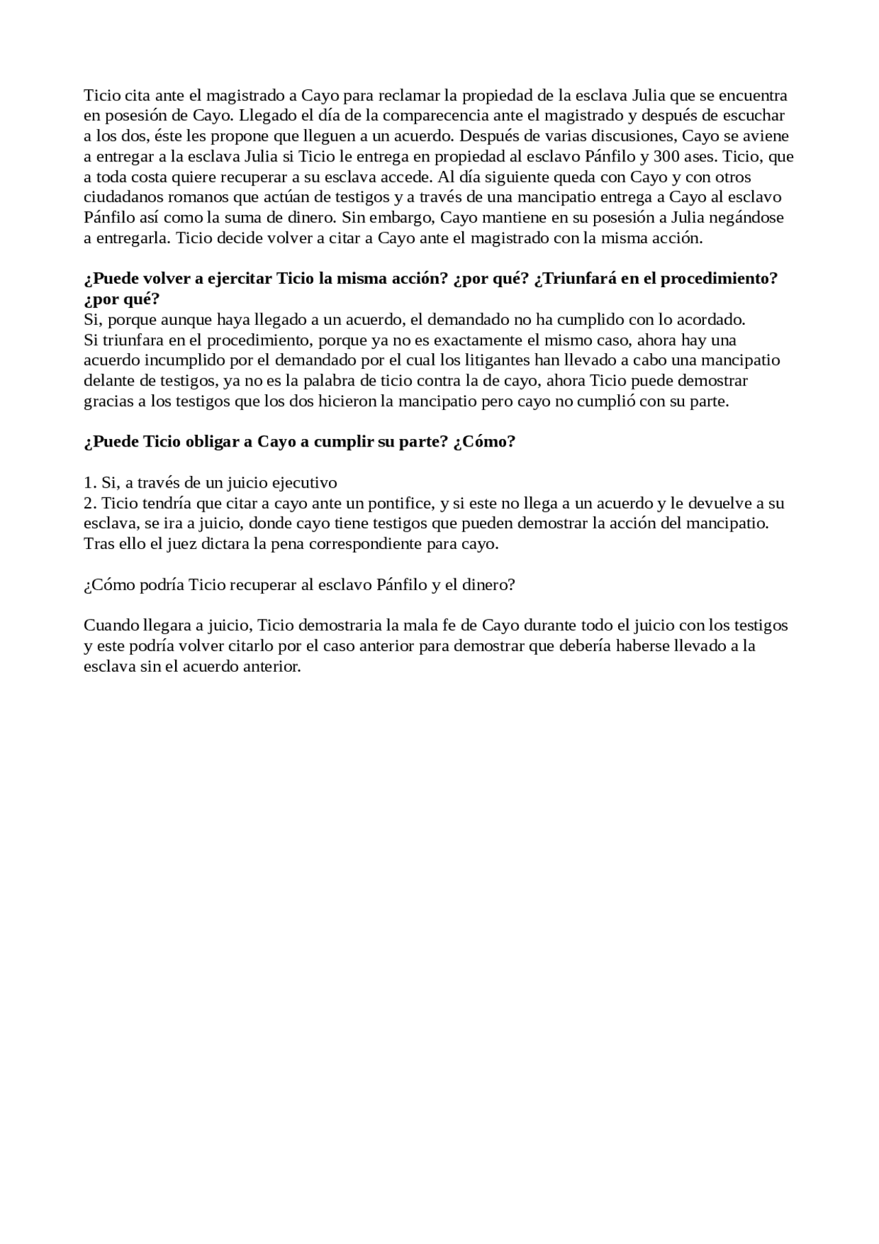 Caso practico derecho romano | Ejercicios de Derecho Romano | Docsity