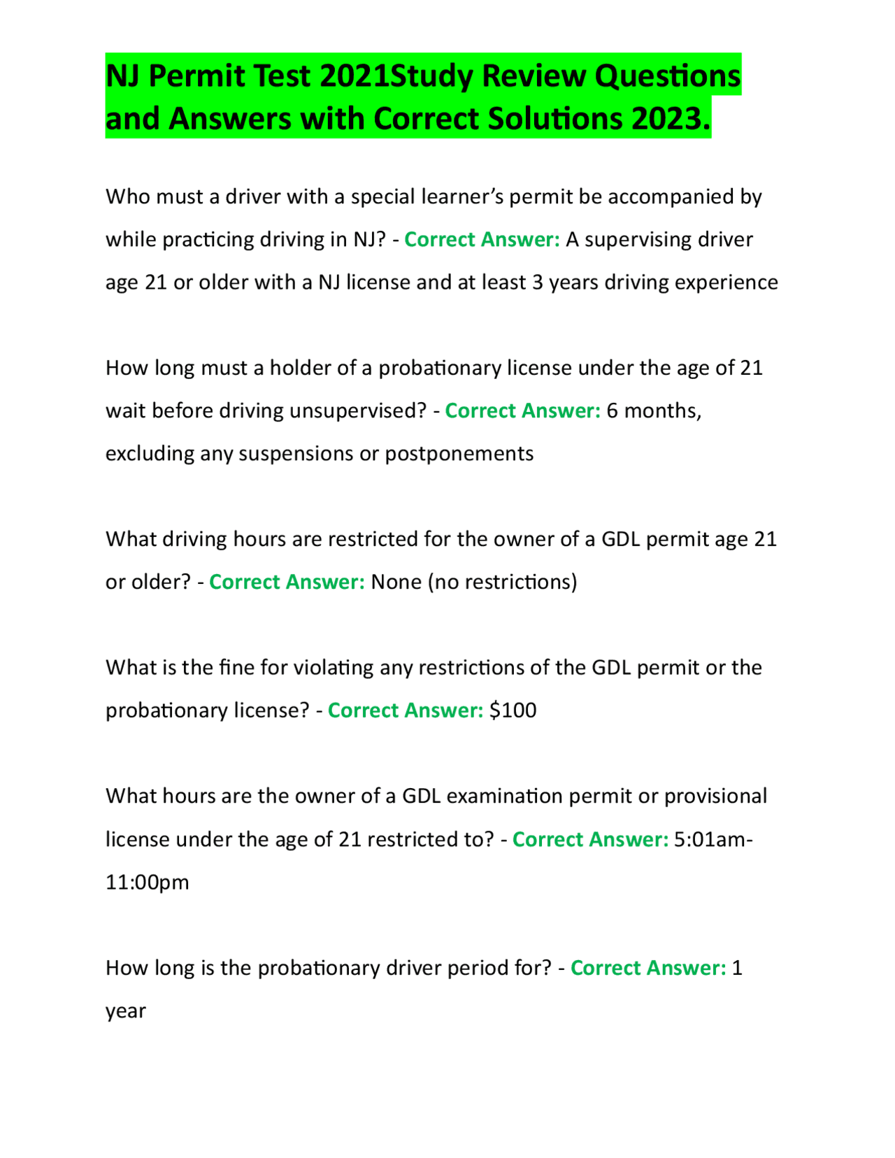 NJ Permit Test 2021Study Review Questions and Answers with Correct ...
