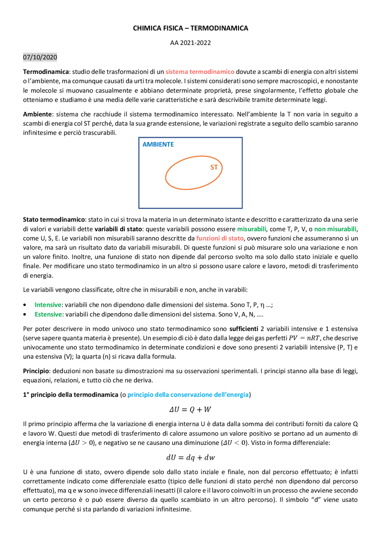 Chimica Fisica - Termodinamica | Sbobinature di Chimica Fisica | Docsity