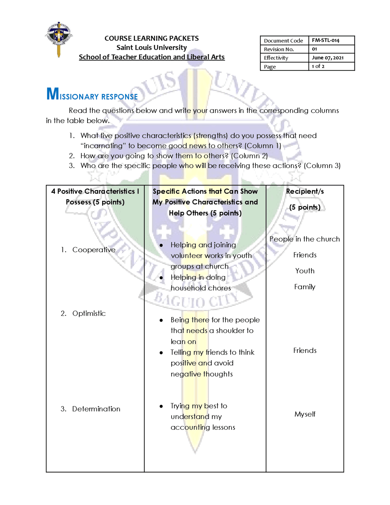 Module 2 lesson 1 cfe | Assignments Religion | Docsity