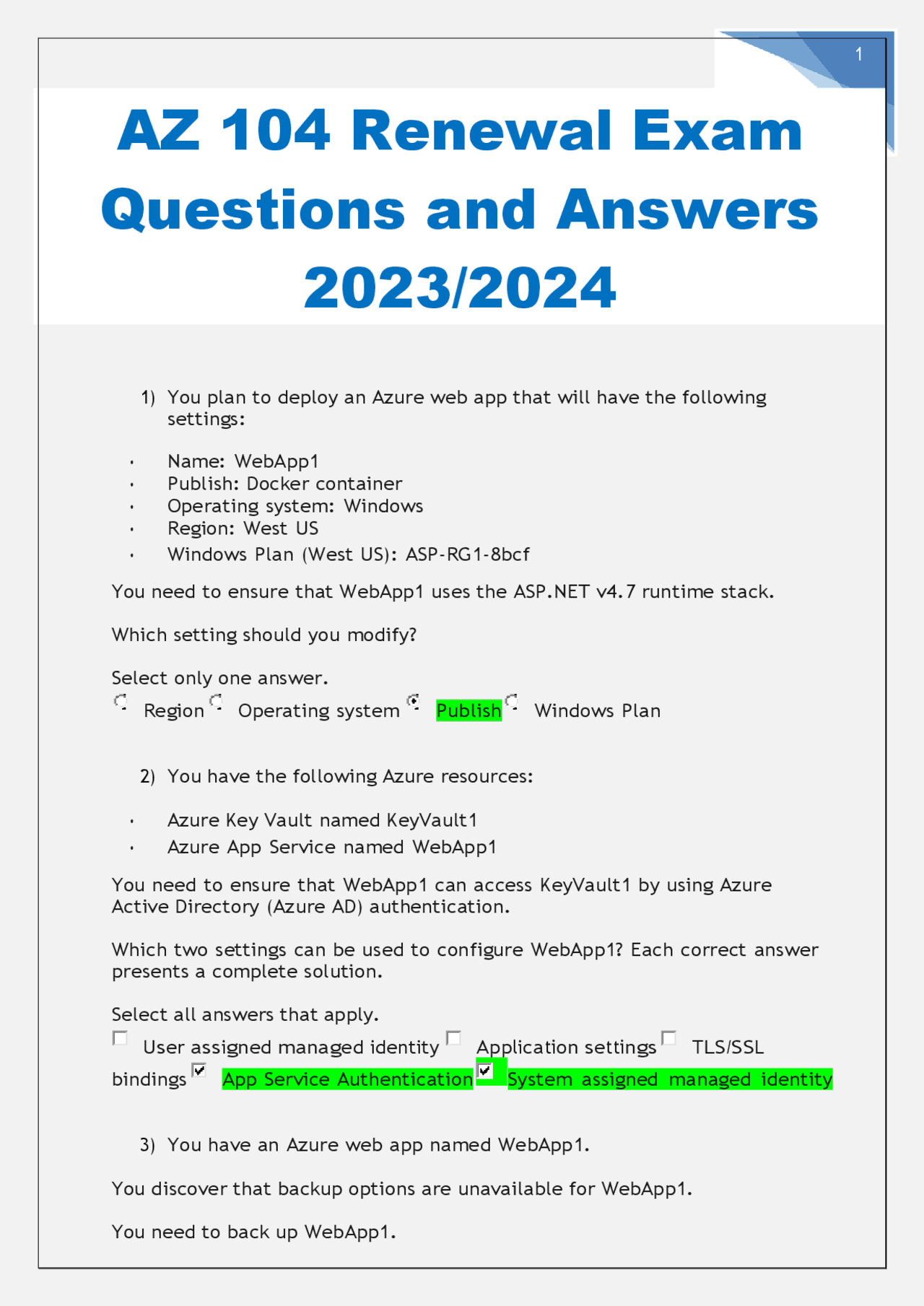 AZ 104 Renewal Exam Questions and Answers 20223/2024 | Exams ...