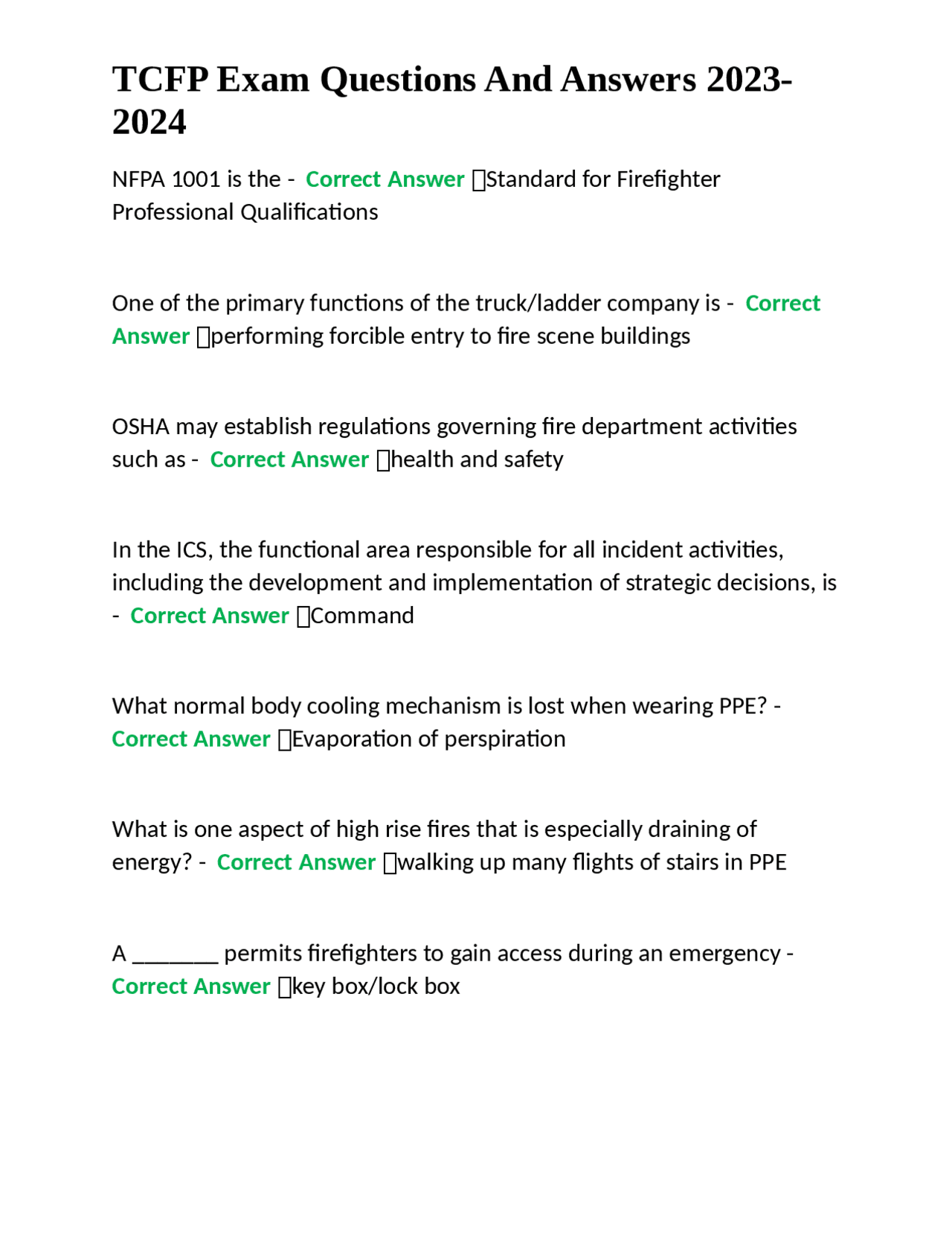 TCFP Exam Questions And Answers 2023-2024 | Exams Nursing | Docsity