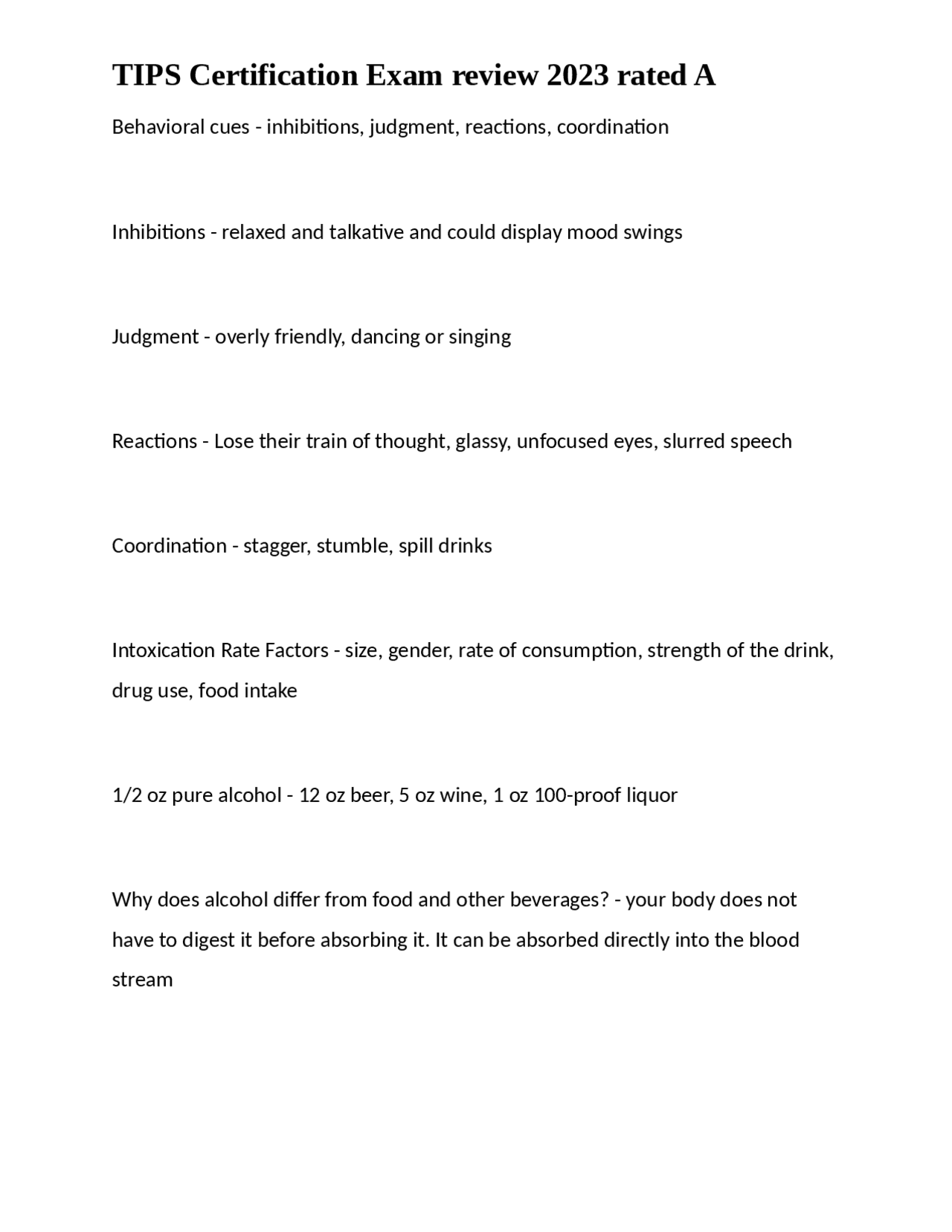 TIPS Certification Exam review 2023 rated A | Exams Nursing | Docsity