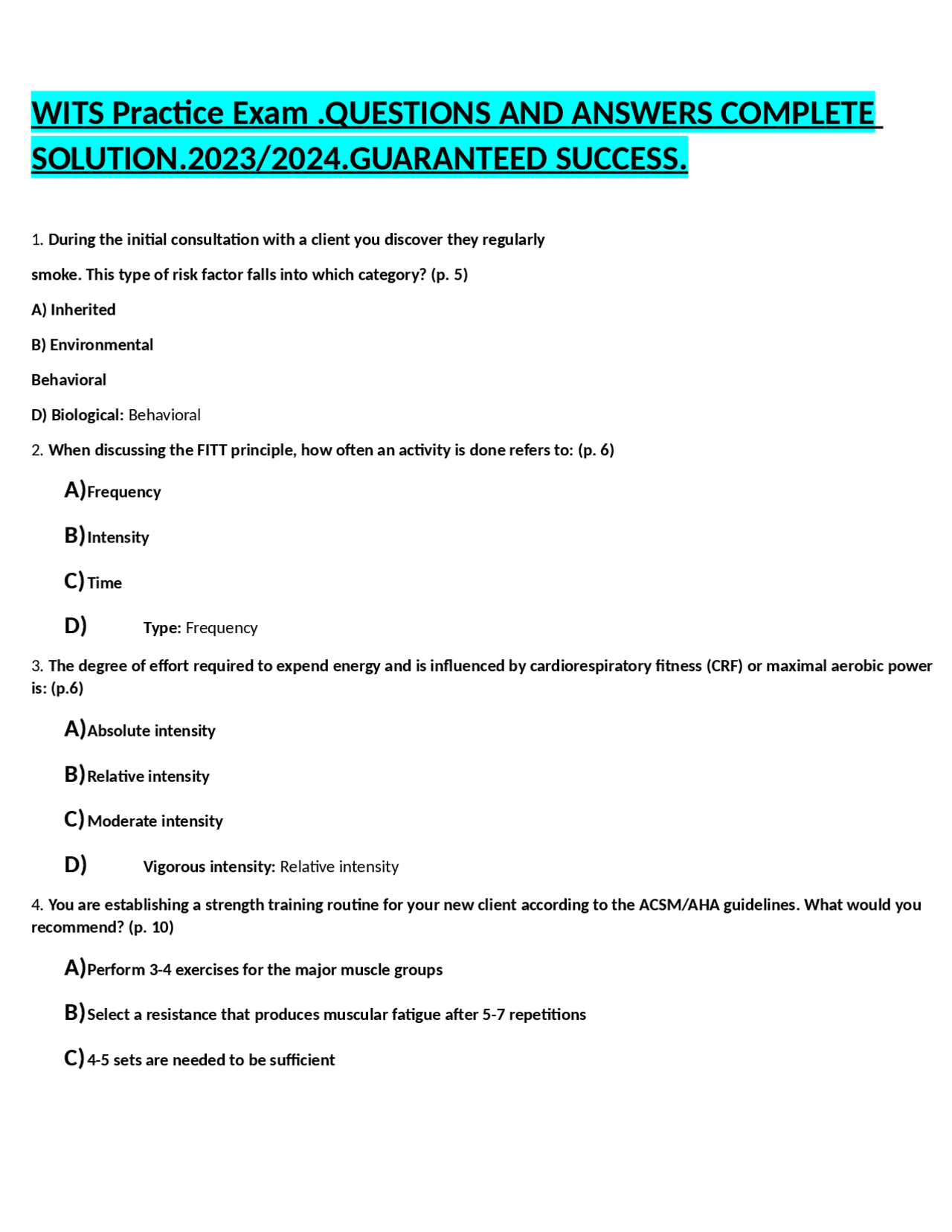 WITS Practice Exam Questions and Answers | Exams Nursing | Docsity