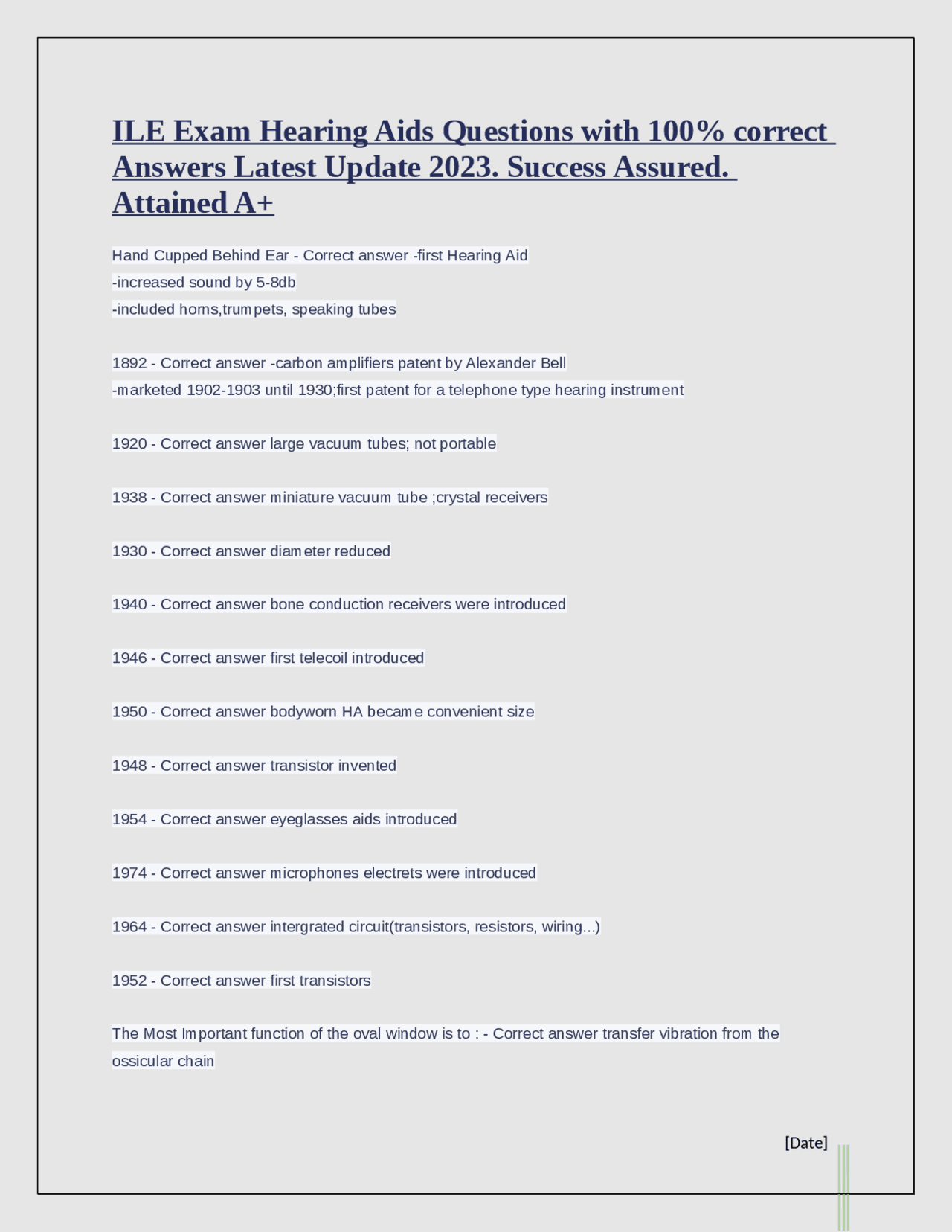 ILE Exam Hearing Aids Questions with 100% correct Answers Latest Update ...