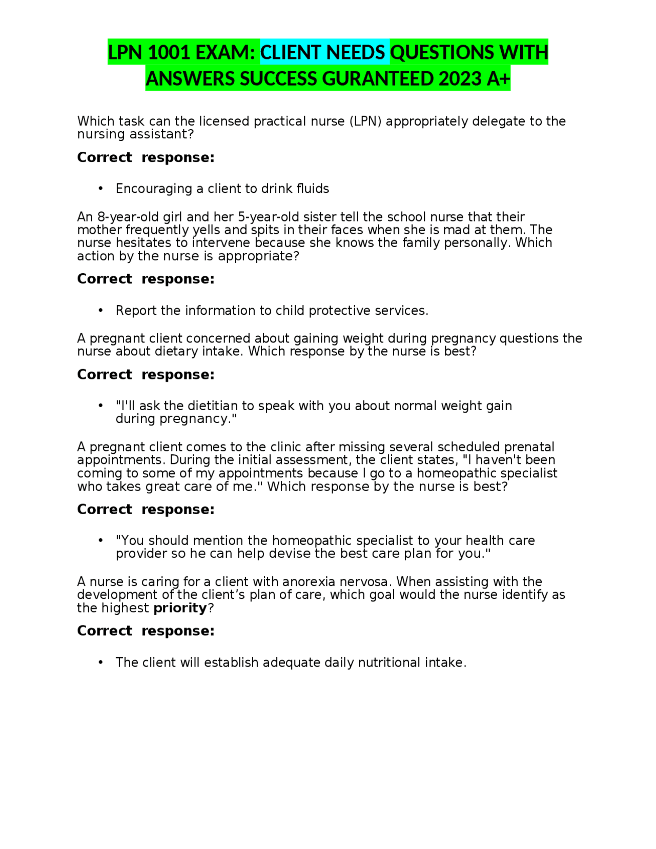 LPN 1001 EXAM: CLIENT NEEDS QUESTIONS WITH ANSWERS SUCCESS GURANTEED ...