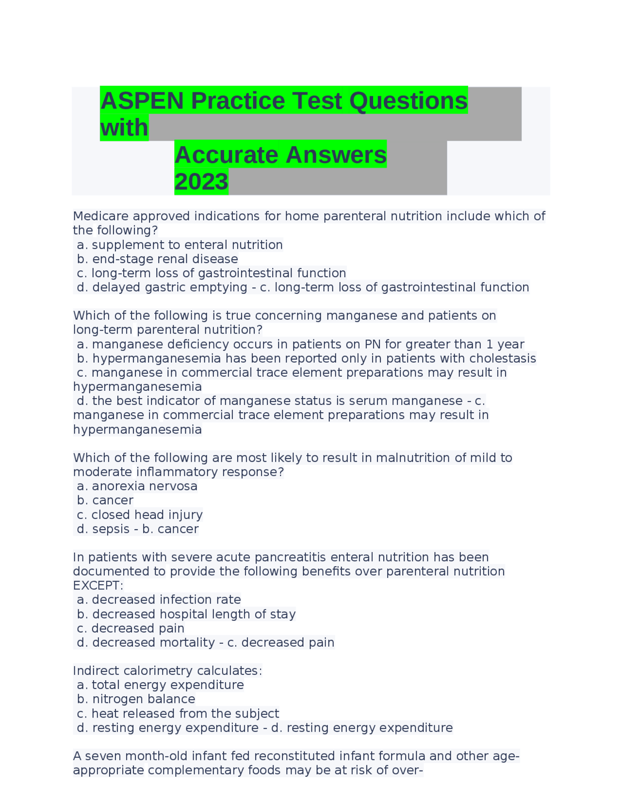 ASPEN Practice Test Questions with Accurate Answers 2023 | Exams ...