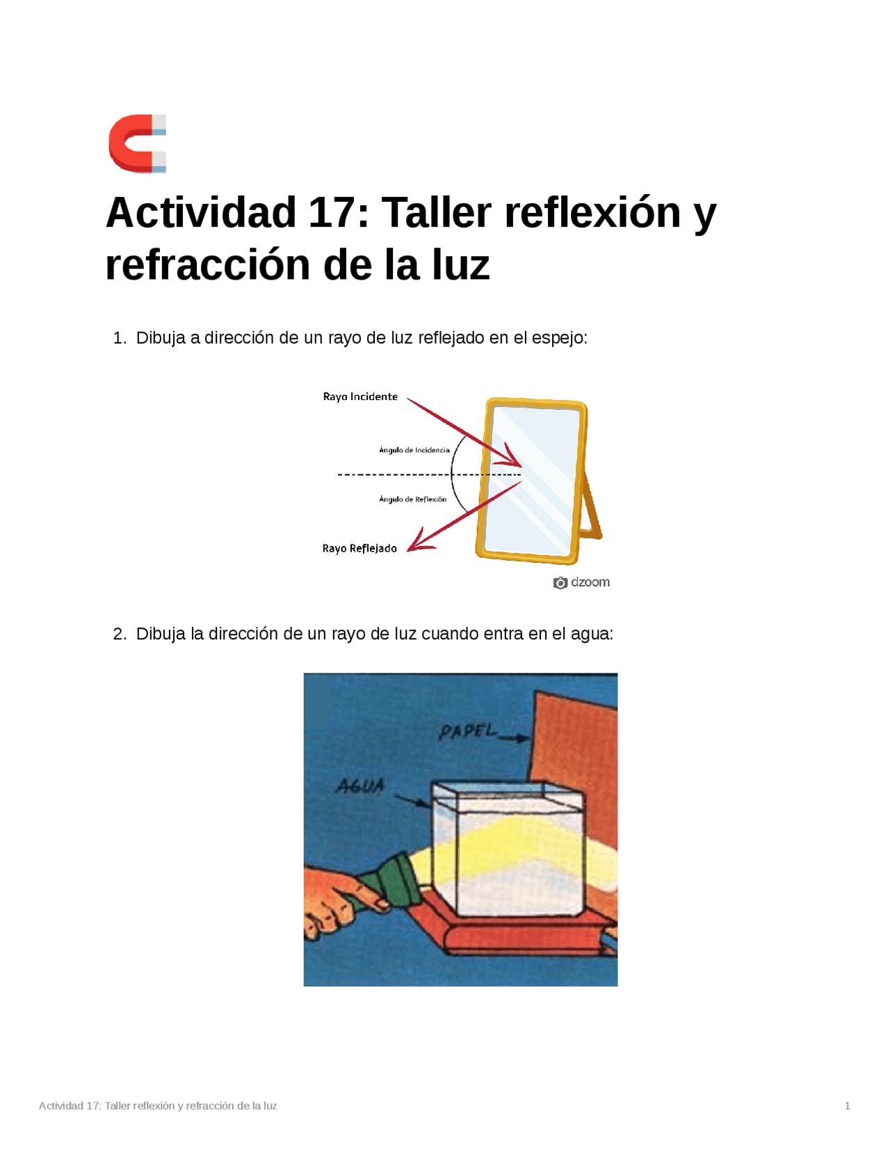 Actividad: Taller reflexión y refracción de la luz | Ejercicios de Física | Docsity