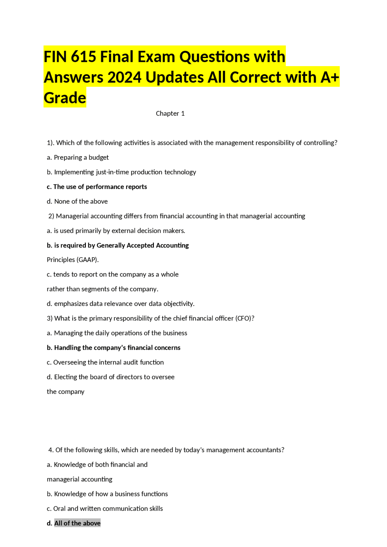 FIN 615 Final Exam Questions with Answers 2024 Updates All Correct with ...