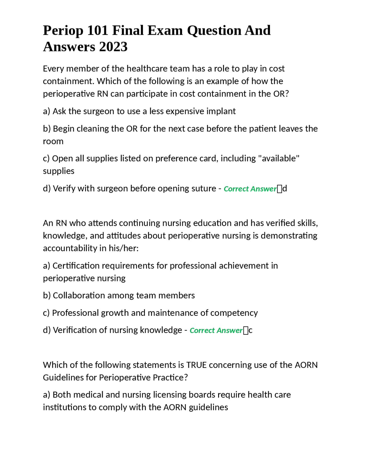 Periop 101 Final Exam Question And Answers 2023 | Exams Nursing | Docsity