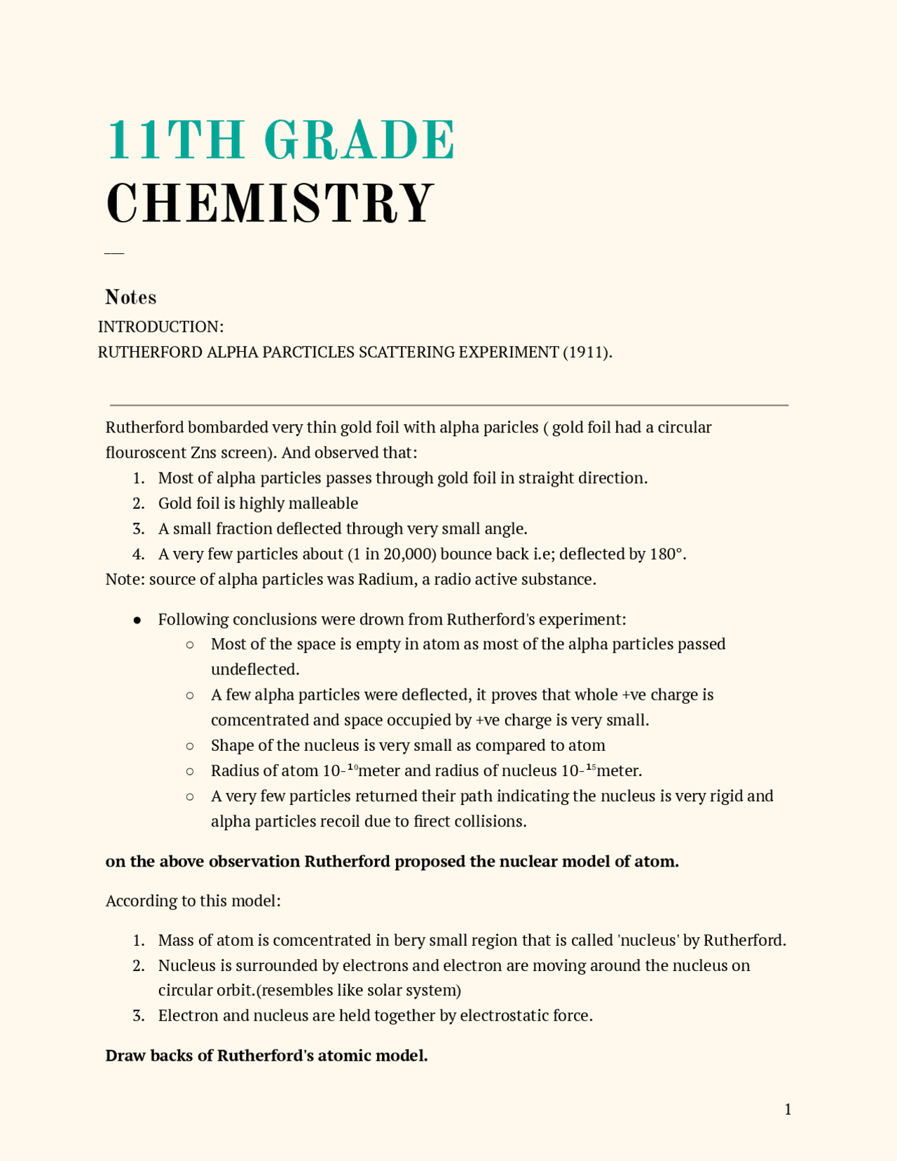RUTHERFORD'S ATOMIC MODEL | High school final essays Chemistry | Docsity