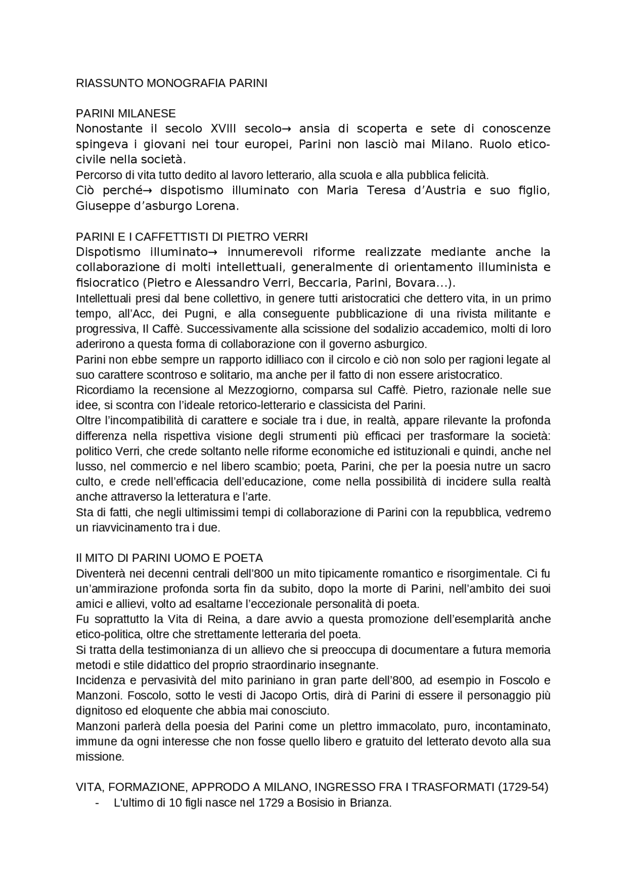 Riassunto Monografia Su Giuseppe Parini Schemi E Mappe Concettuali Di