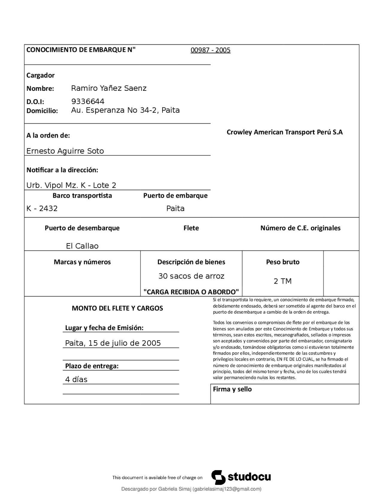 Documento de embarque | Guías, Proyectos, Investigaciones de Desarrollo de Productos | Docsity