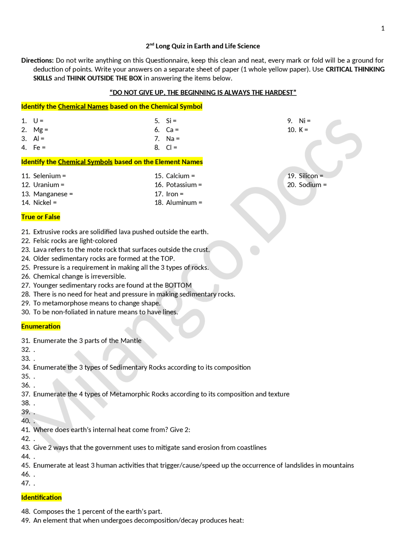 Earth Science Quizzes For High School Learners Summaries Earth