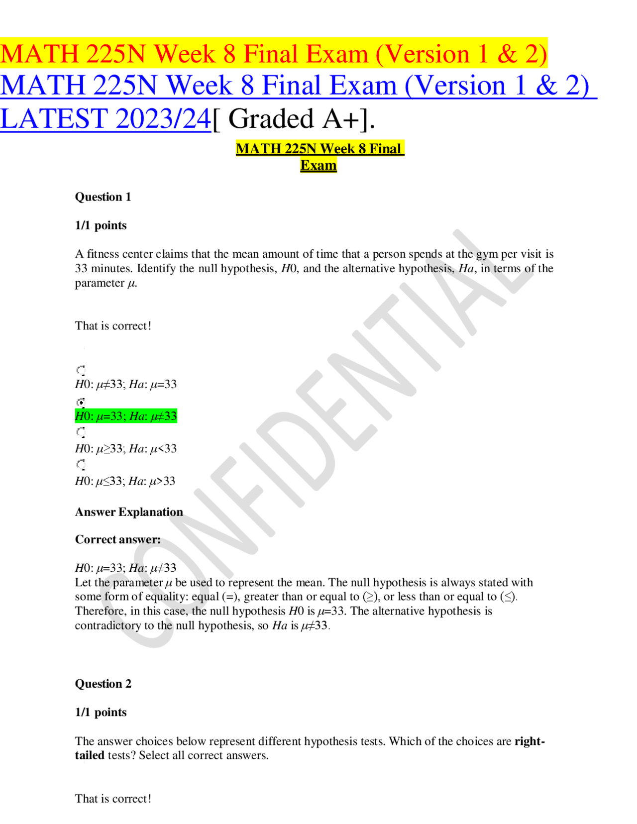 MATH 225N Week 8 Final Exam (Version 1 & 2) latest 2023/2024 | Exams ...