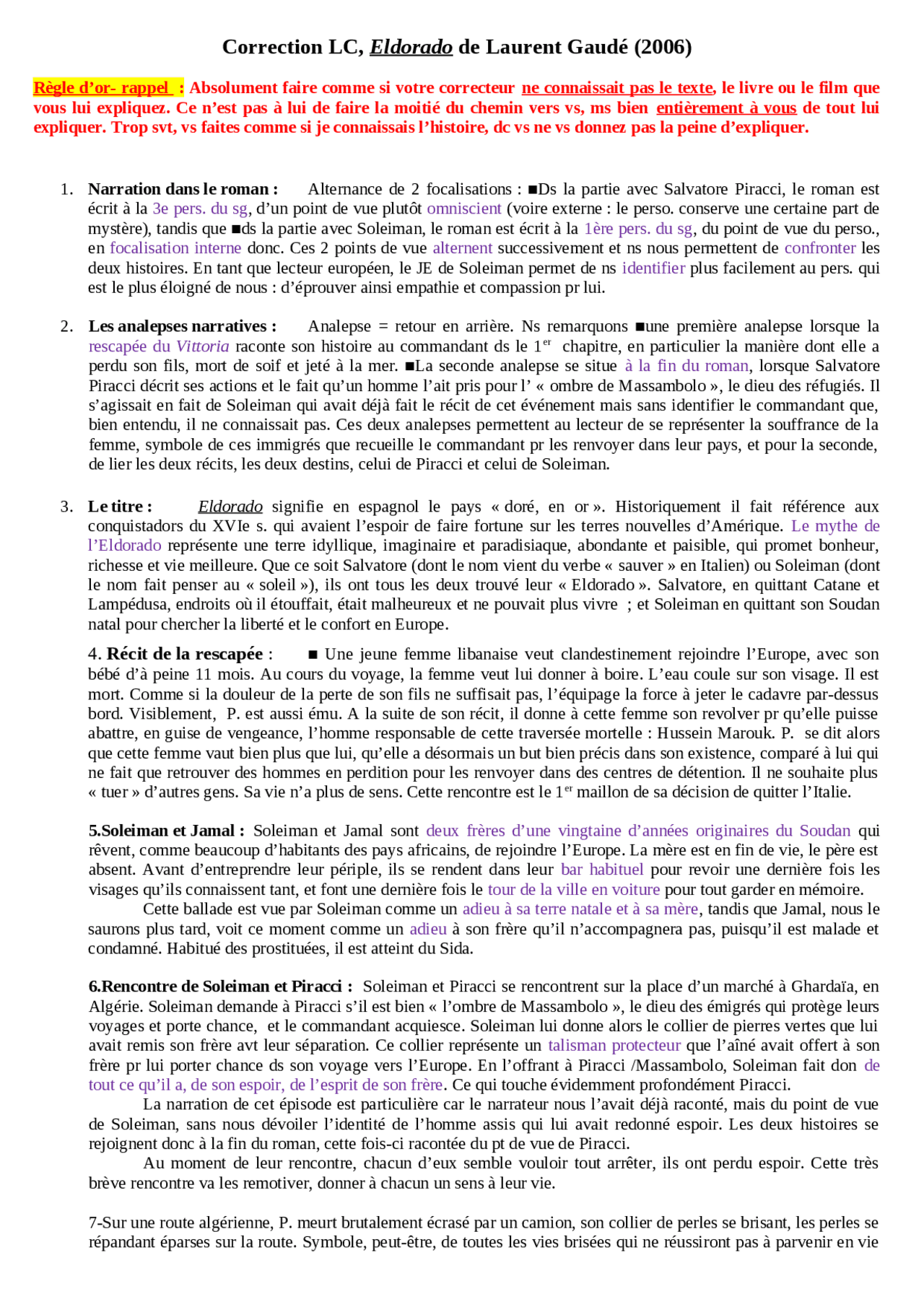 Fiche De Lecture Eldorado Lectures Français Docsity