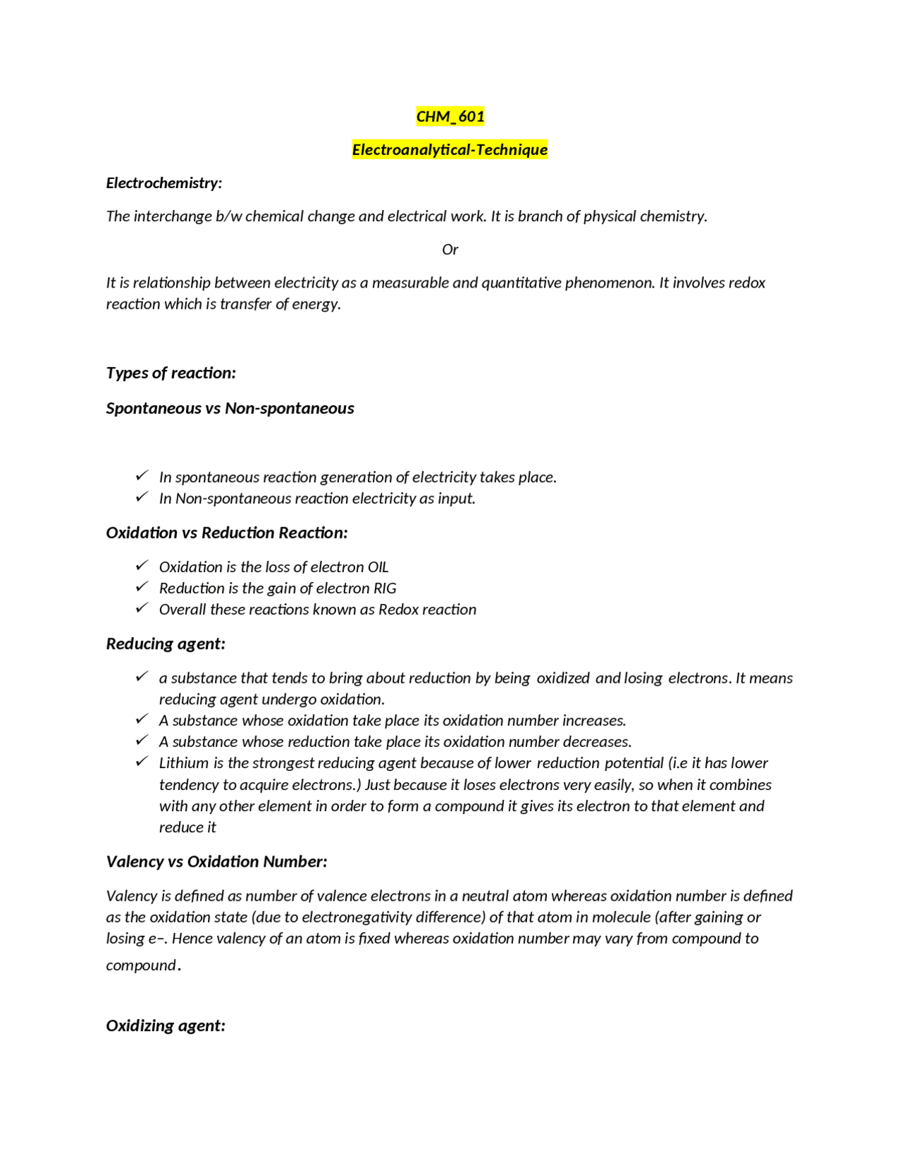 Basic Introduction About Electrochemistry Lecture Notes