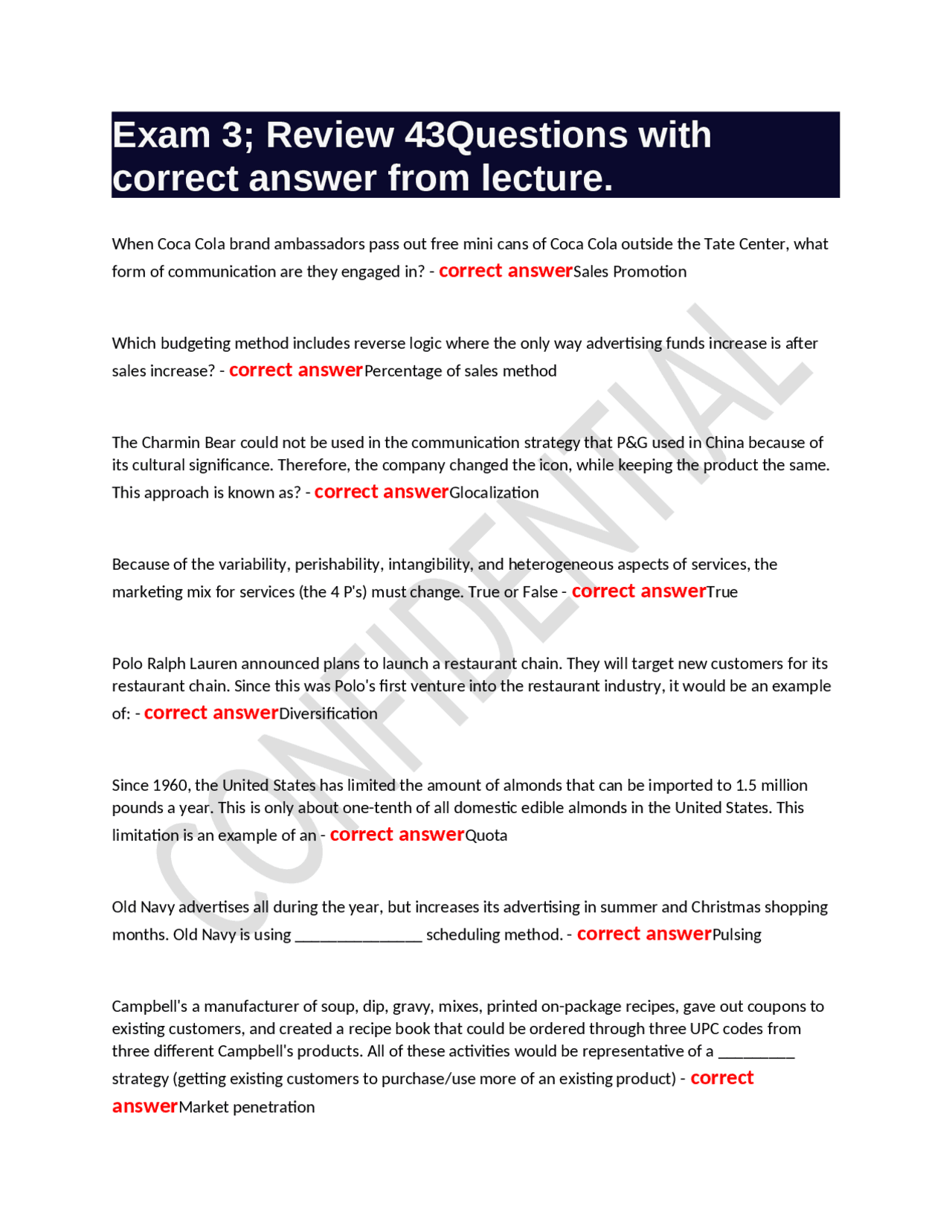 Marketing Exam Review Questions | Exams Nursing | Docsity