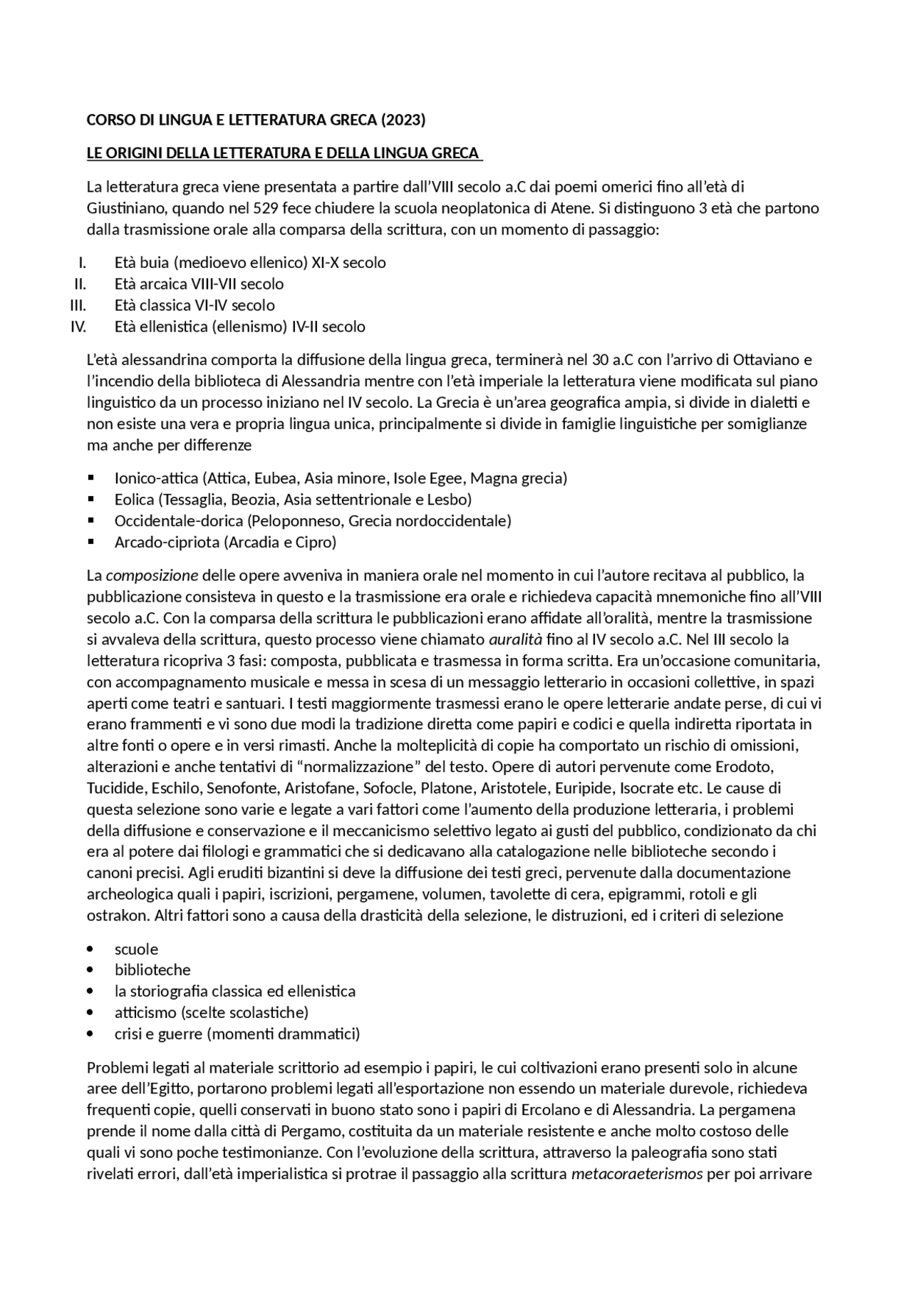 Letteratura e lingua greca dalle origini a sofocle | Dispense di Letteratura Greca | Docsity