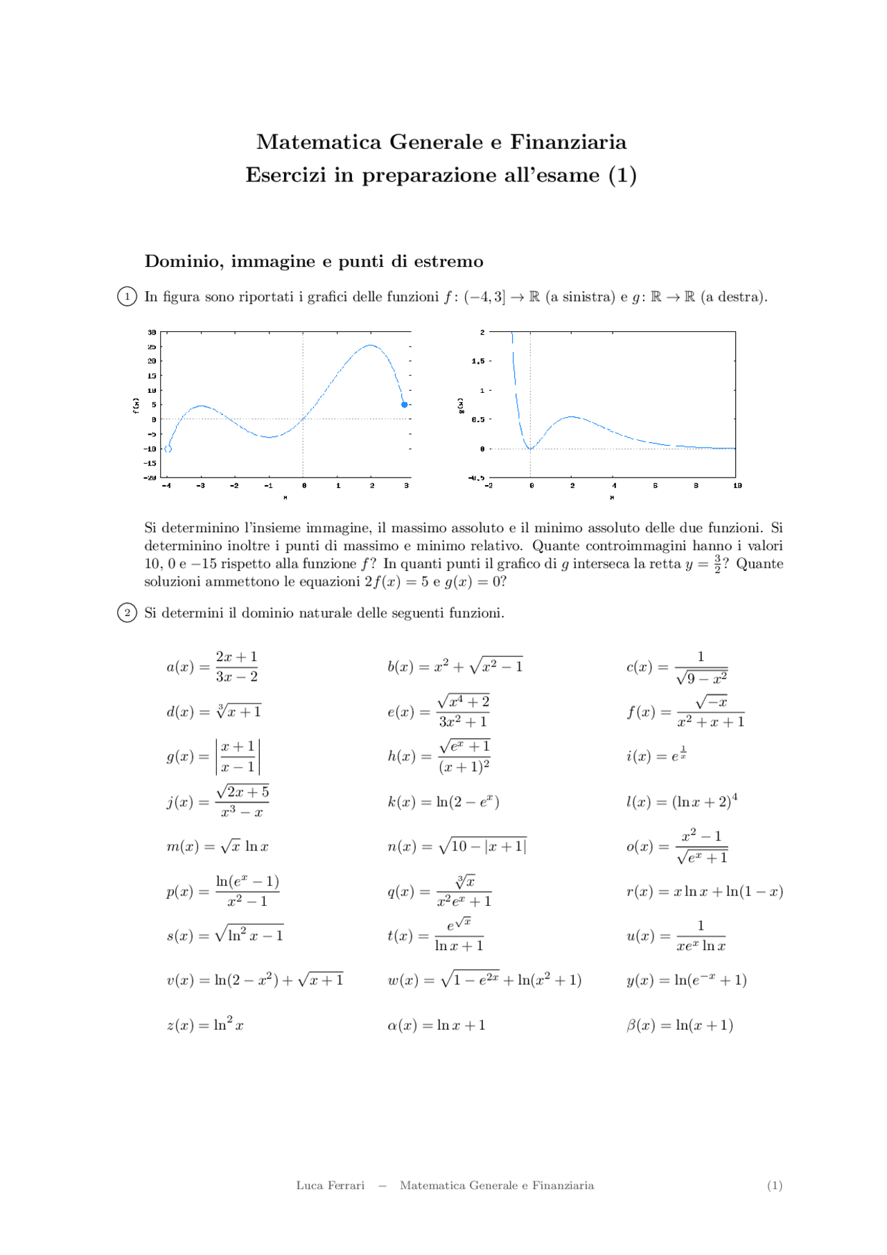 Studio delle Funzioni | Esercizi di Matematica Generale | Docsity
