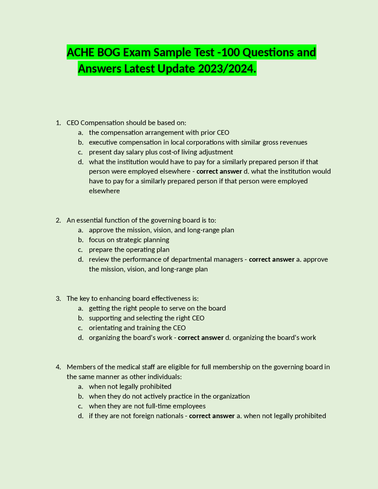 ACHE BOG Exam Sample Test -100 Questions and Answers Latest Update 2023 ...