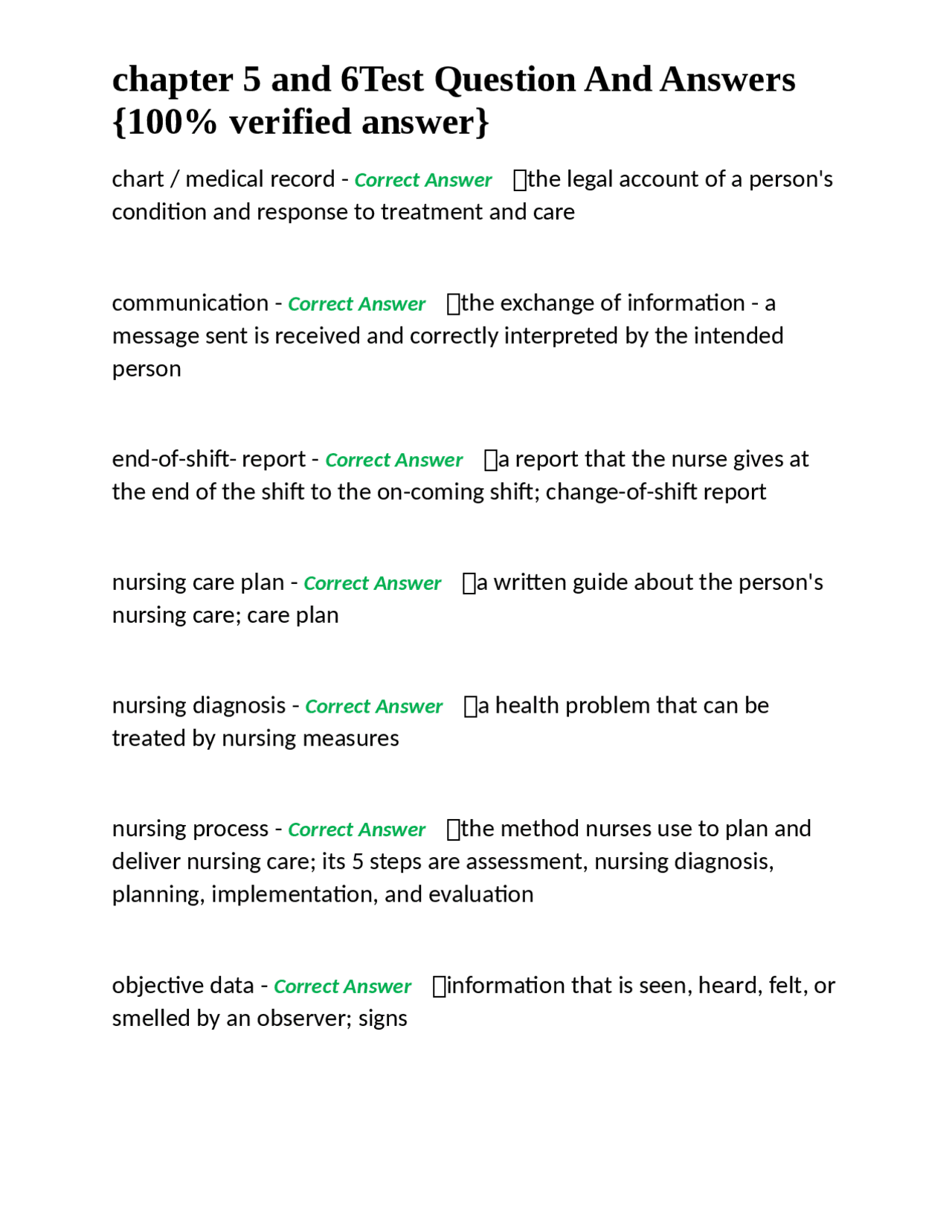 Nursing Terminology and Concepts | Exams Nursing | Docsity