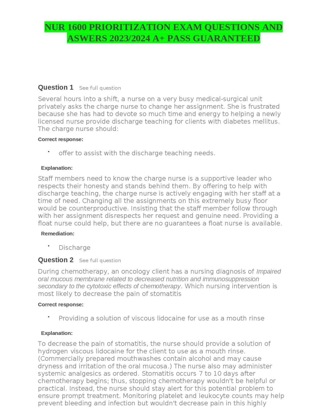 NUR 1600 Prioritization Exam Questions and Answers | Exams Nursing ...