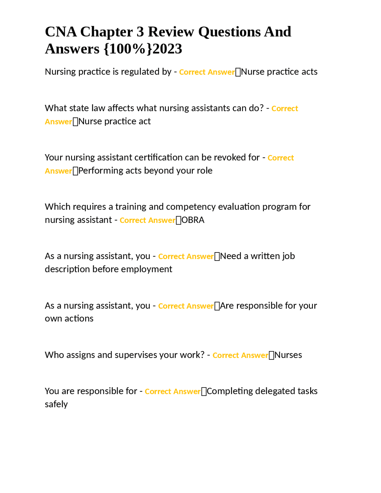 CNA Chapter 3 Review Questions And Answers {100%}2023 | Exams Nursing | Docsity